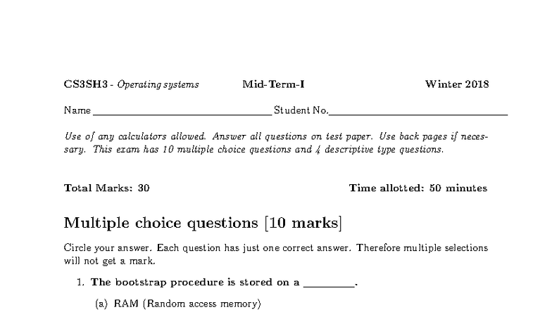 CS3SH3 Midterm Exam 2018: Operating Systems Test Questions - Studocu