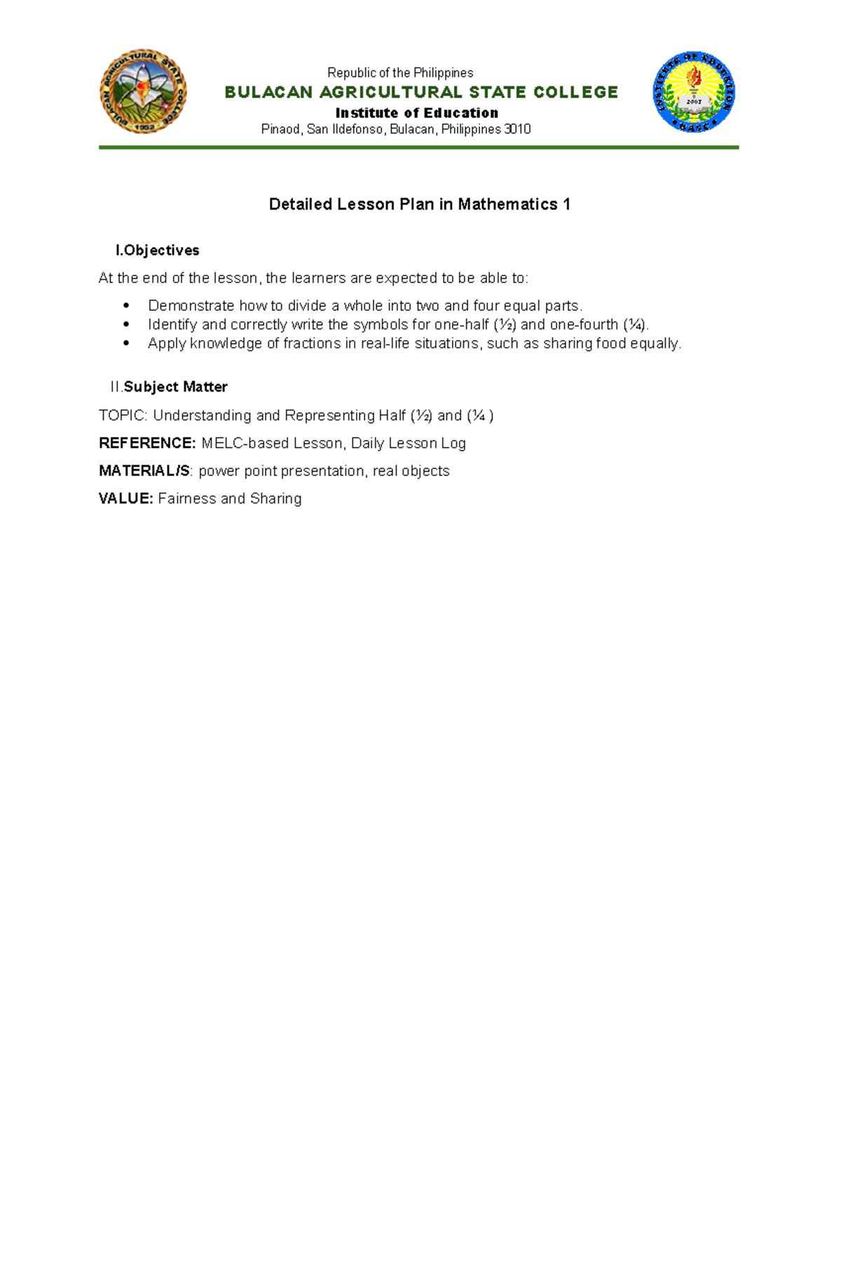 Lesson plan in one fourth - Republic of the Philippines BULACAN ...