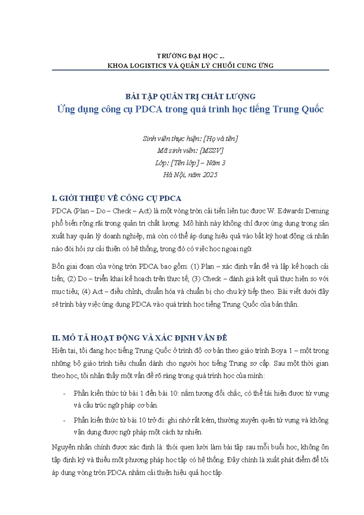 Bài Tập Cá Nhân 1: Ứng Dụng PDCA Trong Học Tiếng Trung Quốc - Studocu