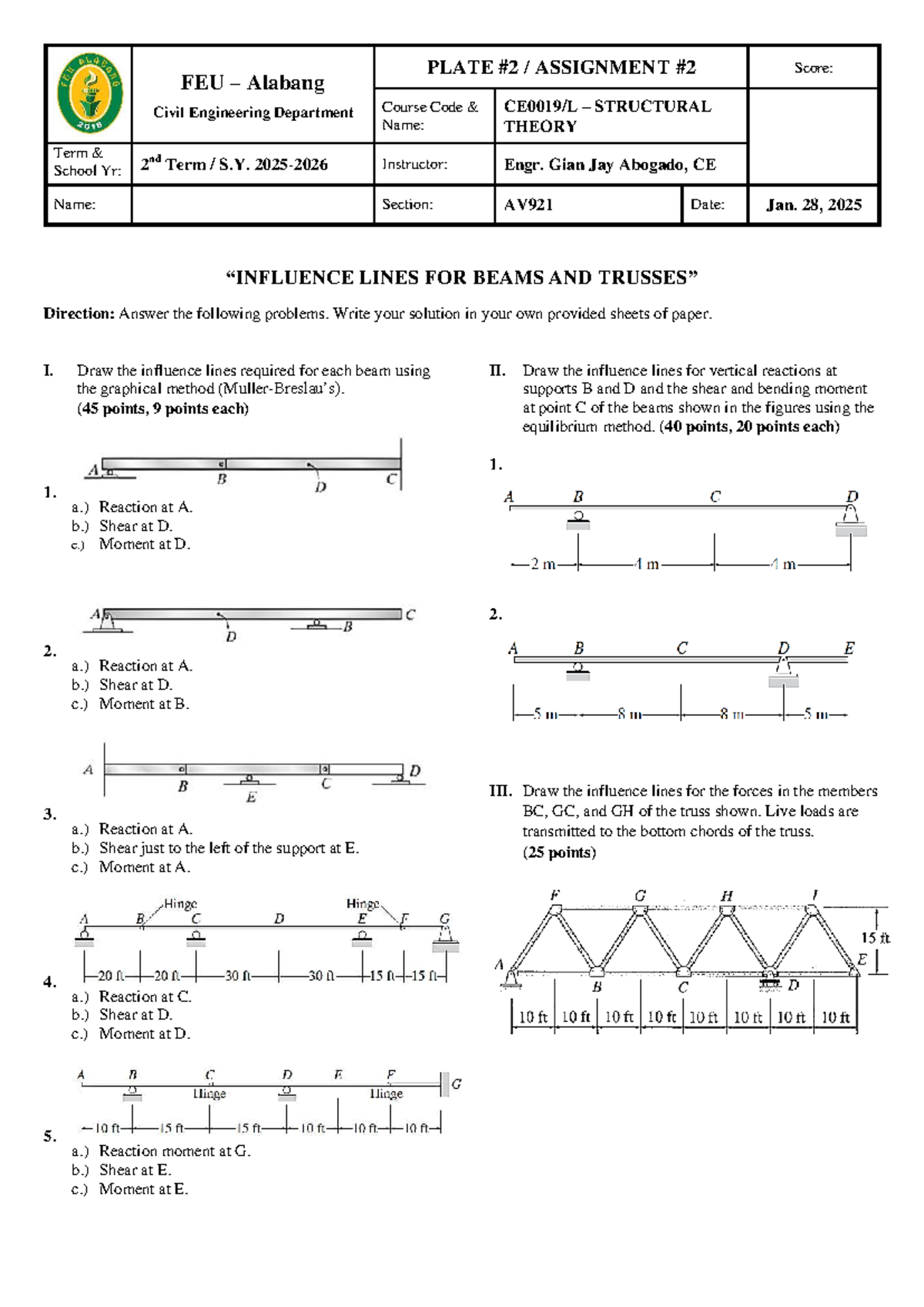 Structural Theory - Plate Assignment for AV921 (2nd Term S.Y.) - Studocu