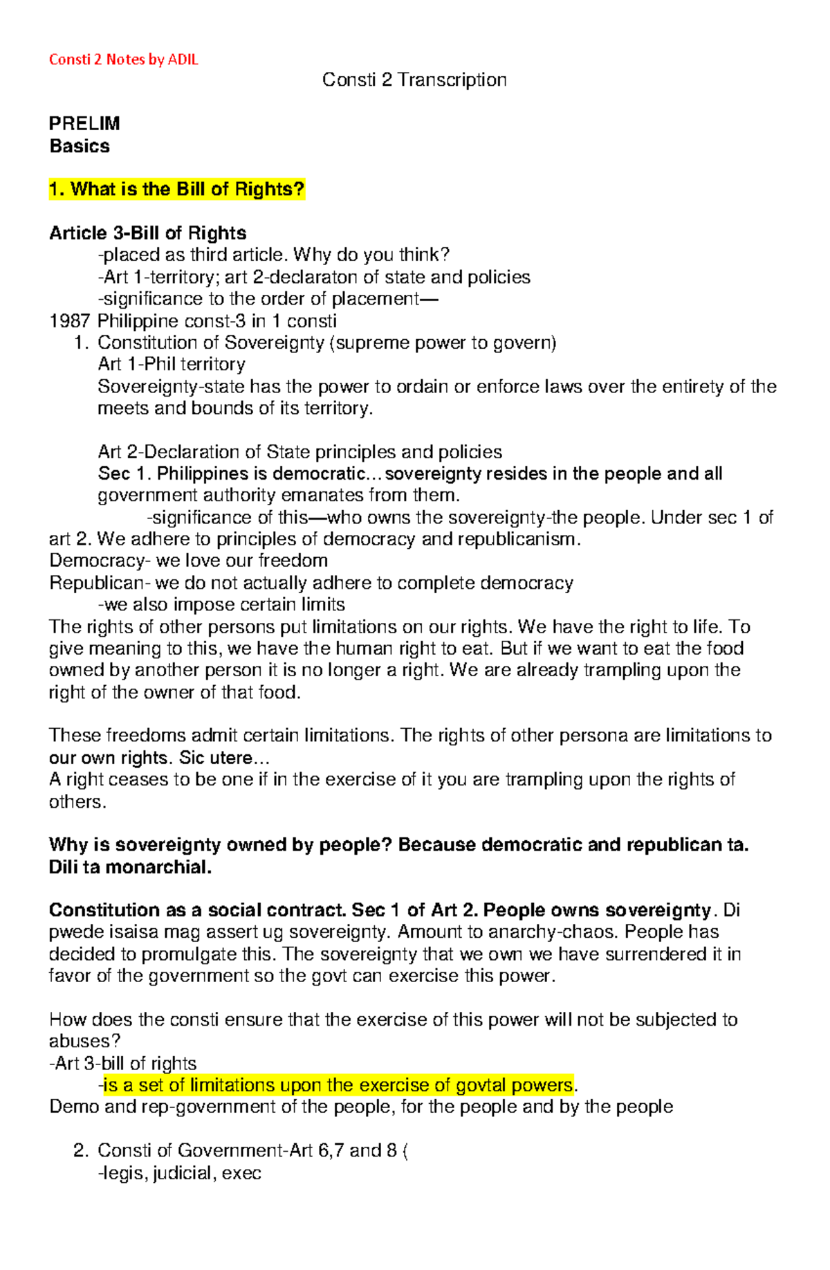 CONSTITUTIONAL 2-BILL OF RIGHTS NOTES - Consti-law - UM - Studocu