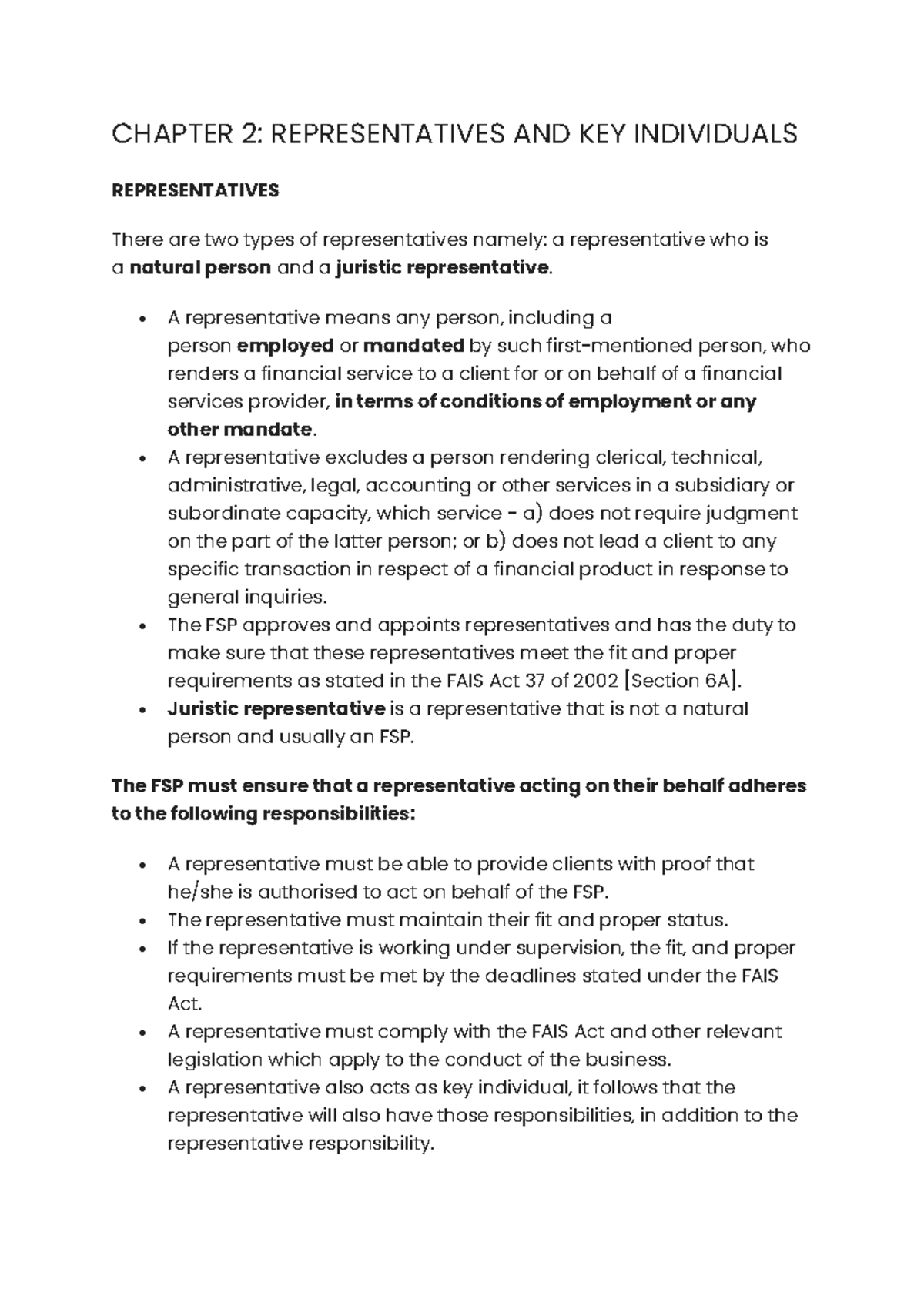CHAPTER 2: REPRESENTATIVES AND KEY INDIVIDUALS IN FAIS ACT 37/2002 ...