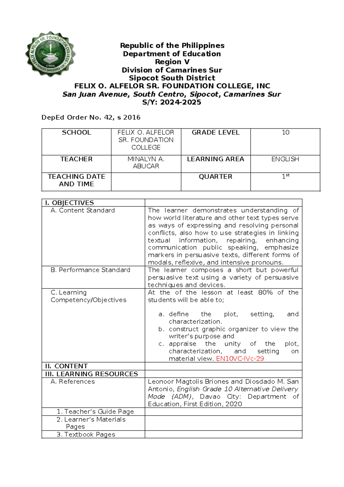 Grade 10 English Lesson: Unity of Plot, Setting, and Characterization ...