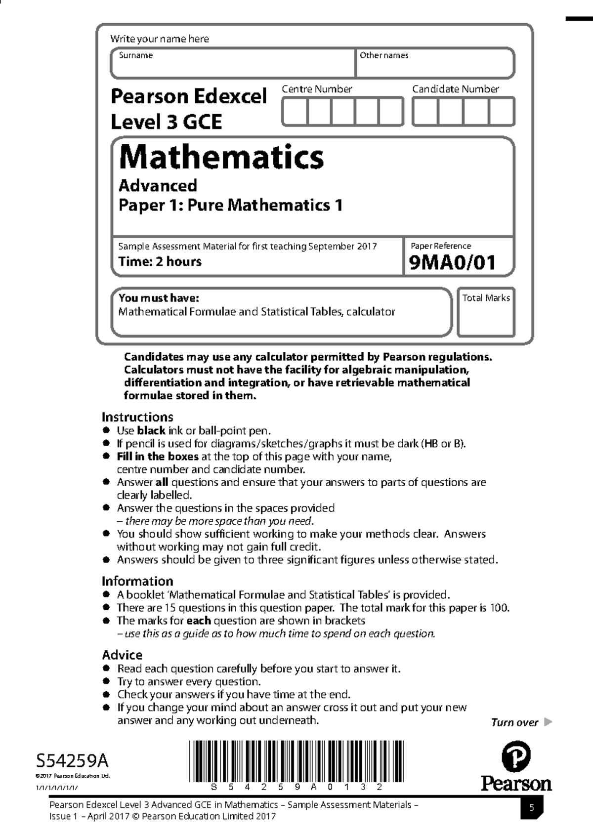 Pearson Edexcel Level 3 GCE Mathematics Advanced Paper 1 Sample ...