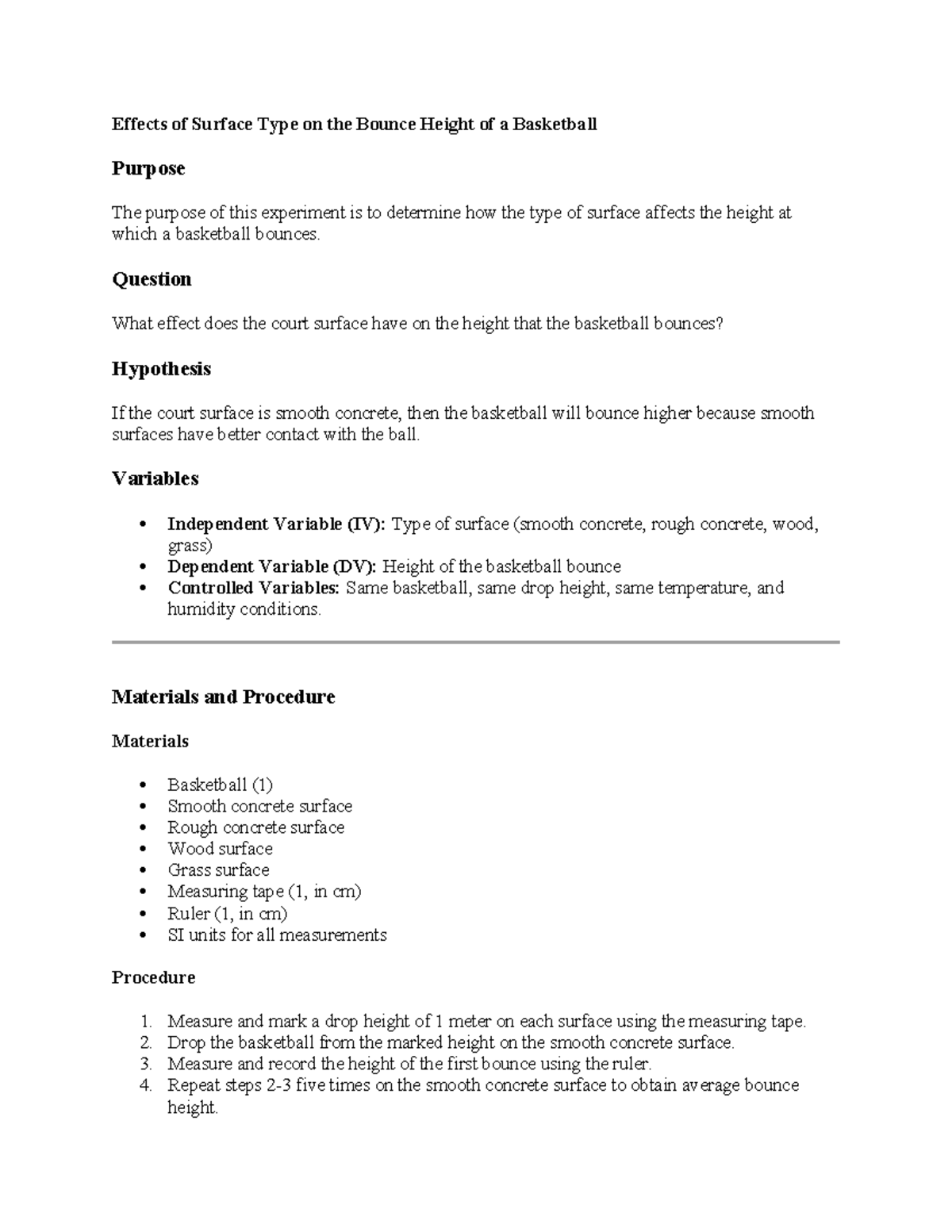 Effects of Surface Type on Basketball Bounce Height: Experiment ...