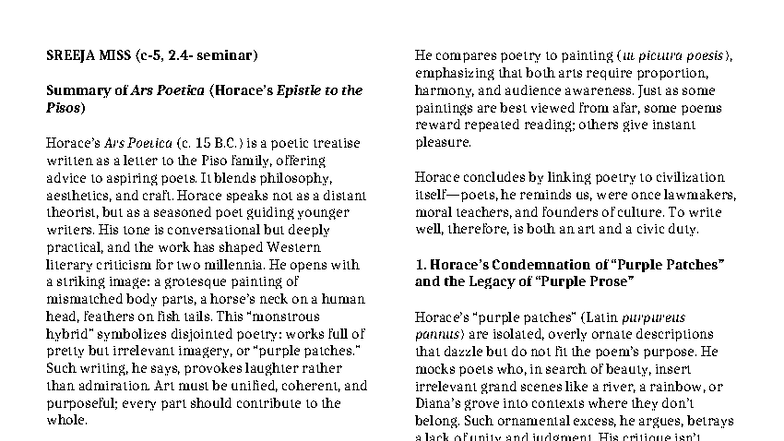 Ars Poetica: Summary & Analysis for SREEJA MISS Seminar - Studocu
