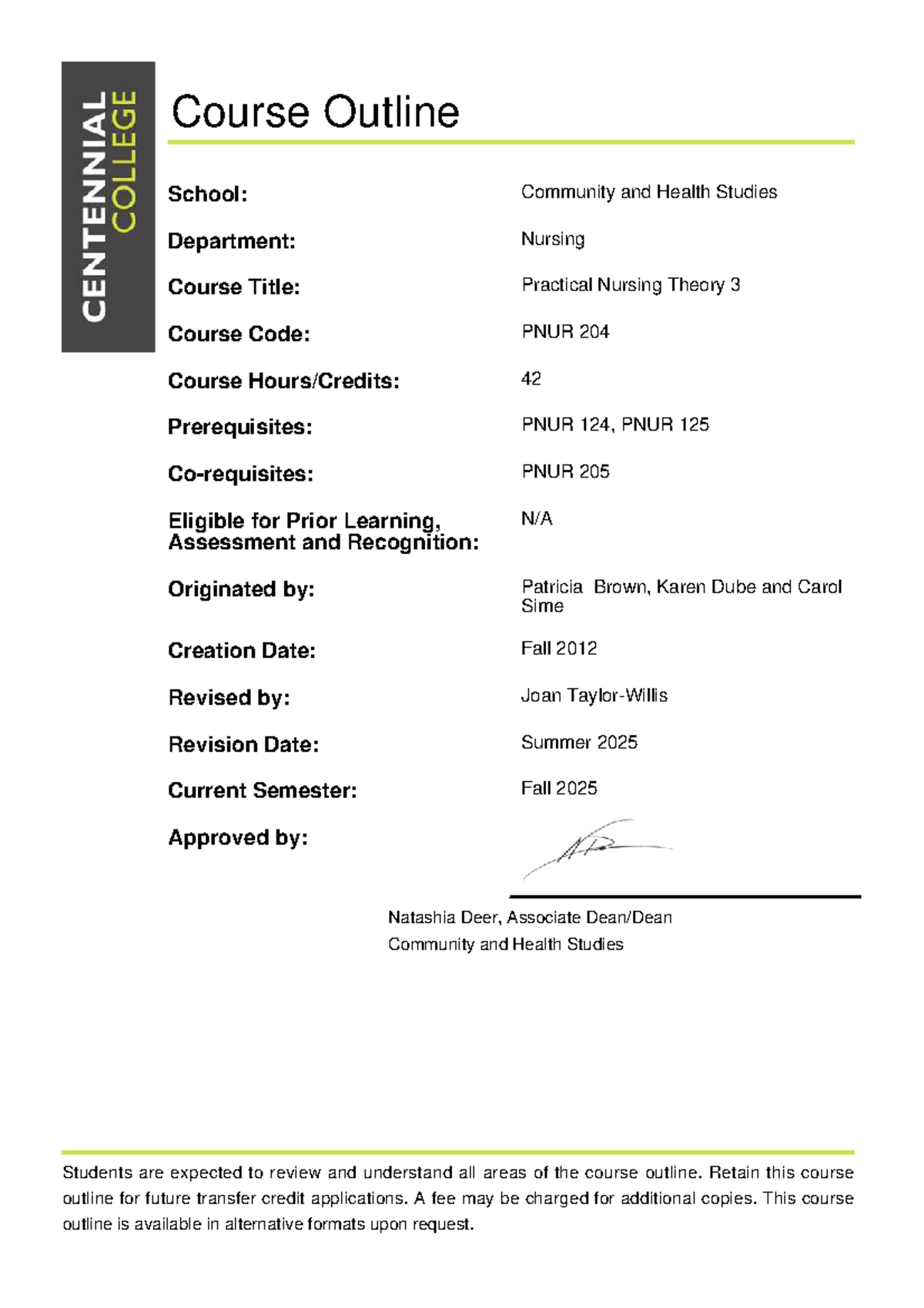 Course Outline: PNUR 204 - Practical Nursing Theory 3 (Fall 2025) - Studocu