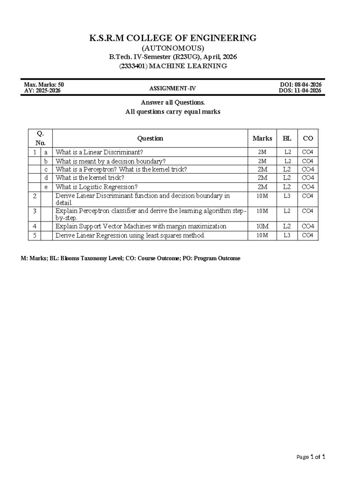 Assignment-4: Machine Learning Questions - B.Tech (R23UG) - Studocu