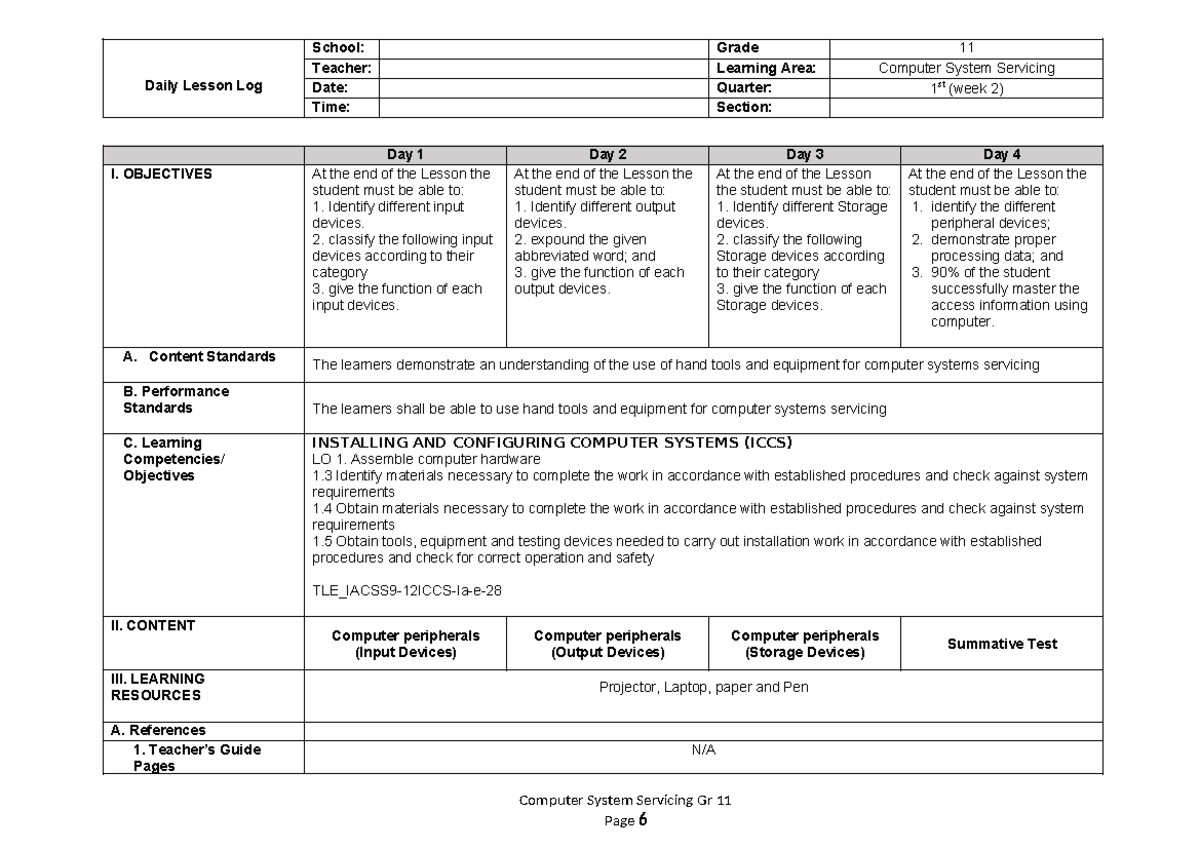 Daily Lesson Log (DLL) for CSS11 - Computer Systems Servicing Week 2 ...
