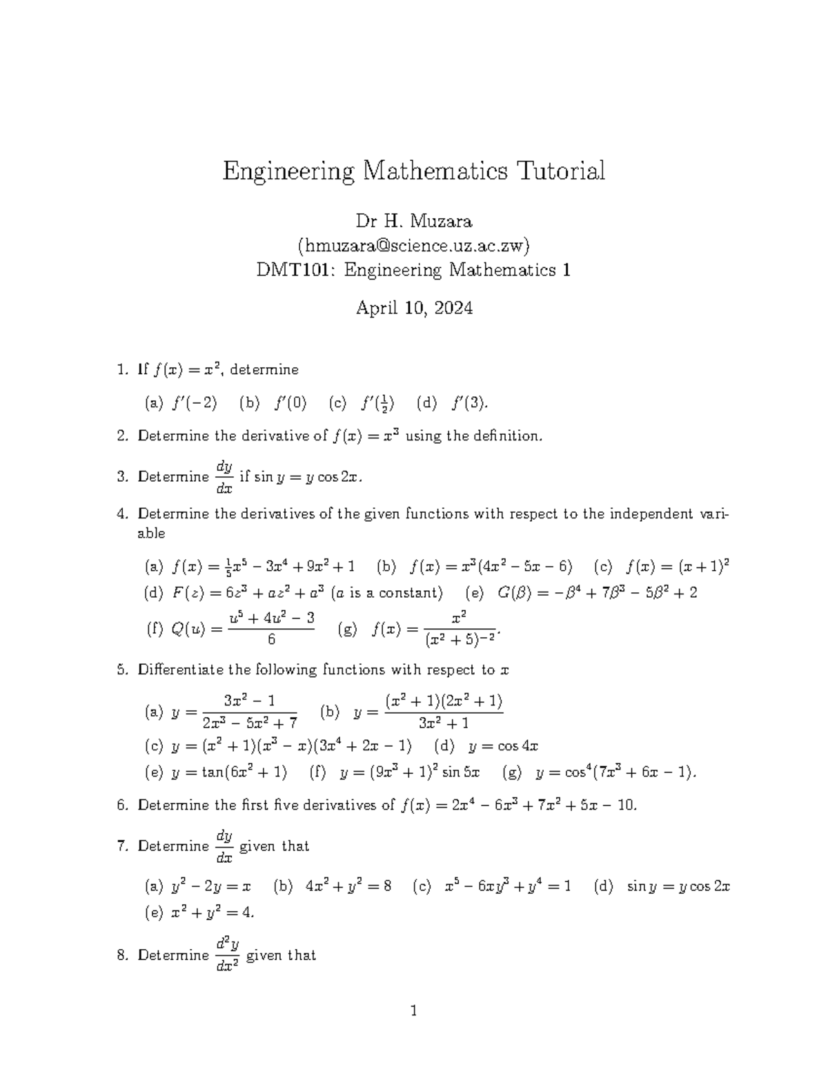 DMT101 Tutorial 3 2024 - Engineering Mathematics Tutorial Dr H. Muzara (hmuzara@science.uz.ac ...