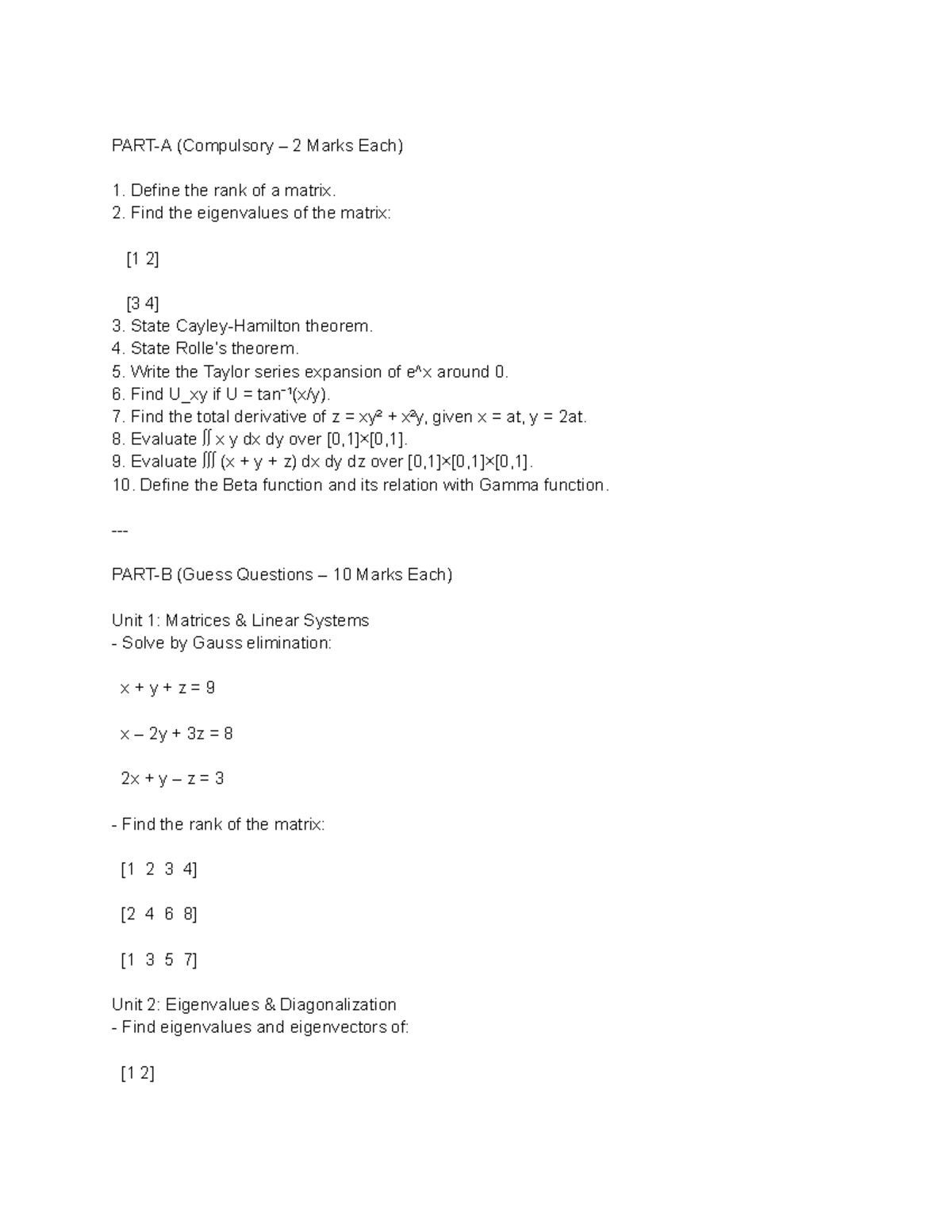 Maths Guess Paper 2025: Matrix Rank & Eigenvalues (Compulsory) - Studocu