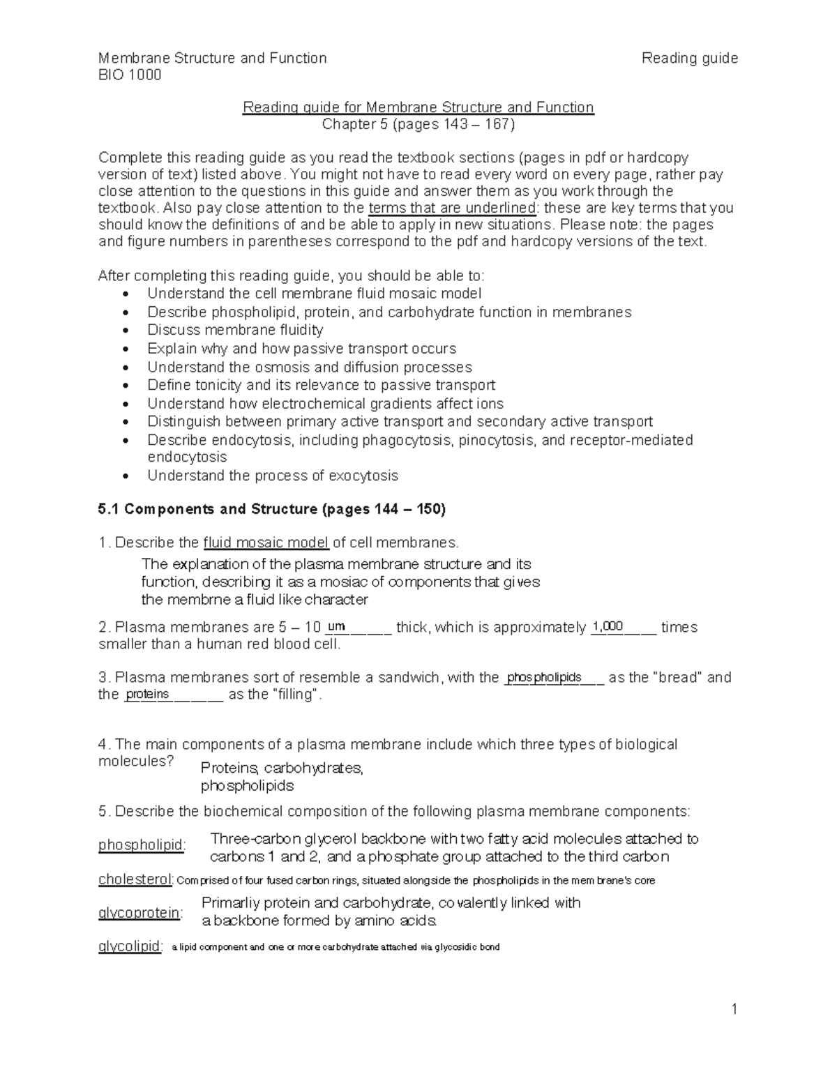 BIO 1000 Reading Guide: Membrane Structure & Function (Ch. 5) - Studocu