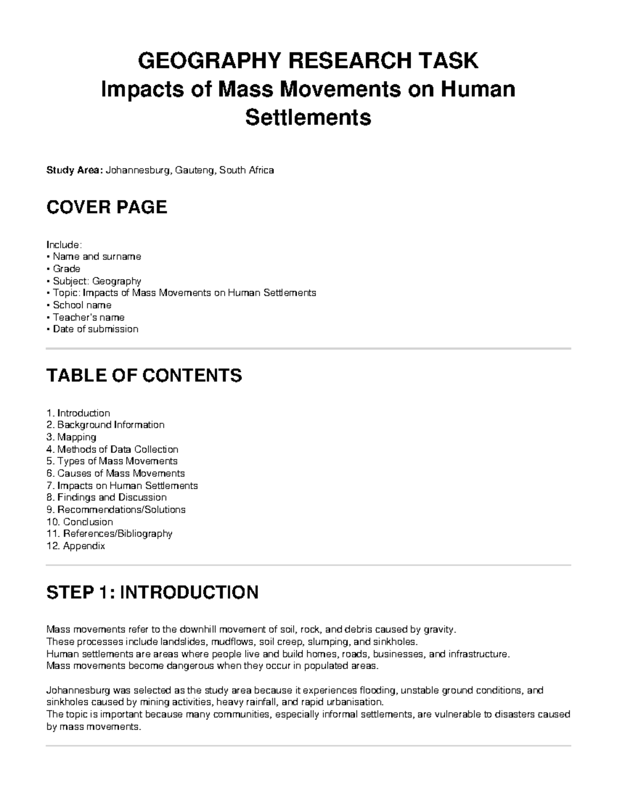 GEOG 101: Research on Mass Movements' Impact on Johannesburg ...