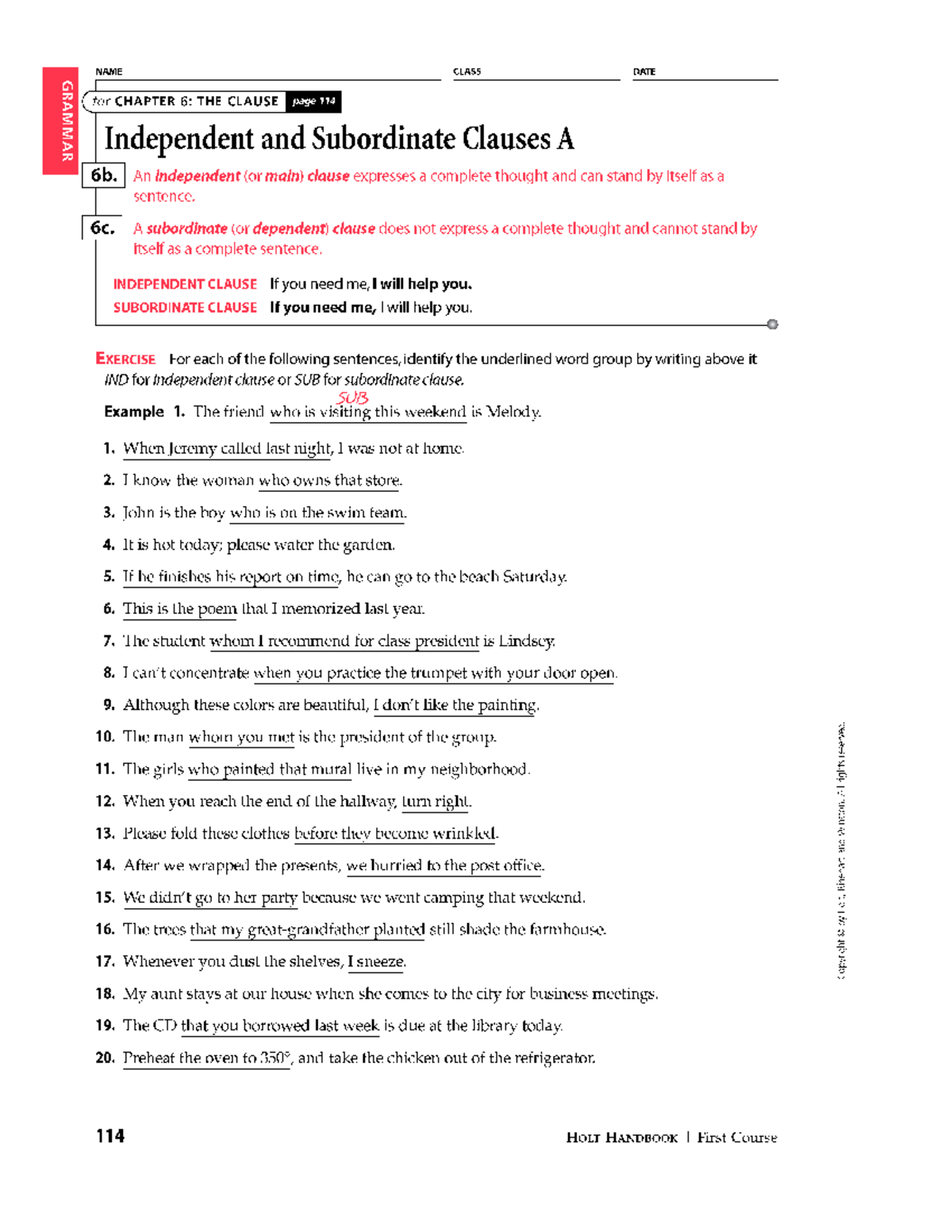CH 6: Understanding Independent & Subordinate Clauses Worksheet - Studocu