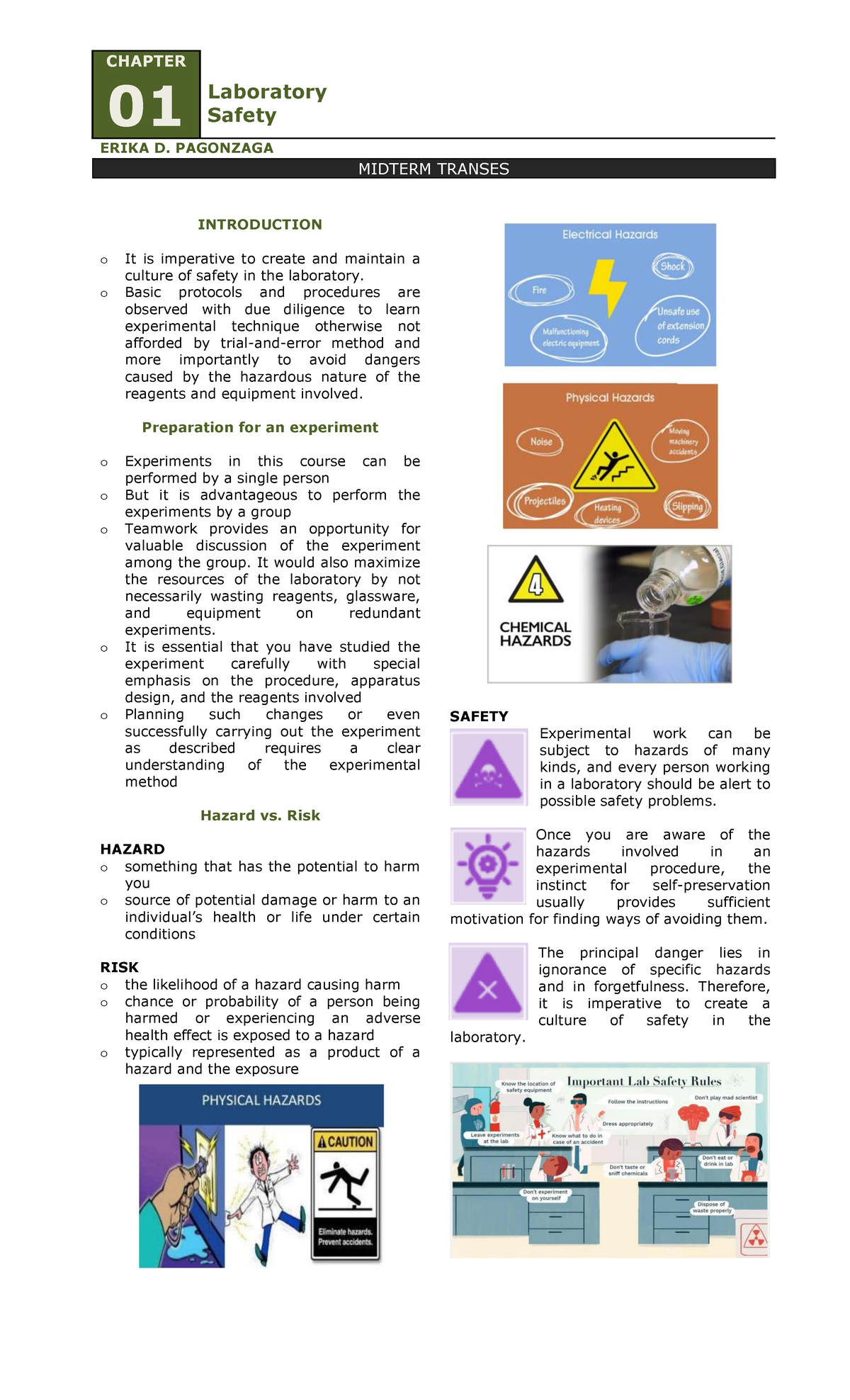 Lesson 1 Laboratory Safety - 01 Laboratory Safety ERIKA D. PAGONZAGA ...