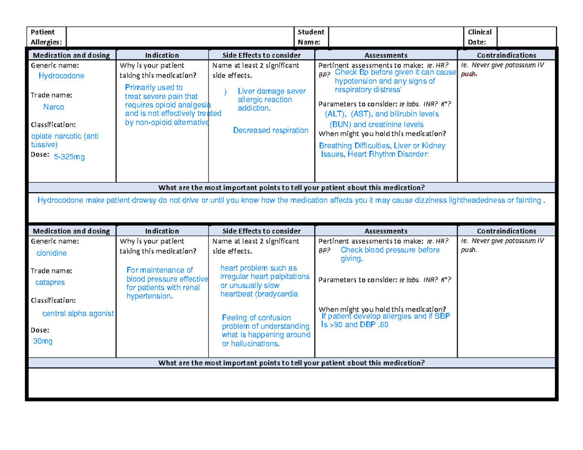 Medication Worksheet: Clinical Overview & Patient Assessment Guide ...
