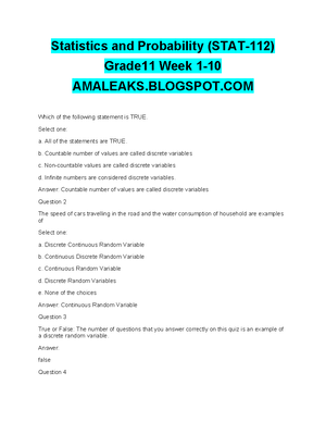 Statistics (STAT-112) - Week 1-10 - Statistics and Probability (STAT-112) Grade11 Week 1- Which ...