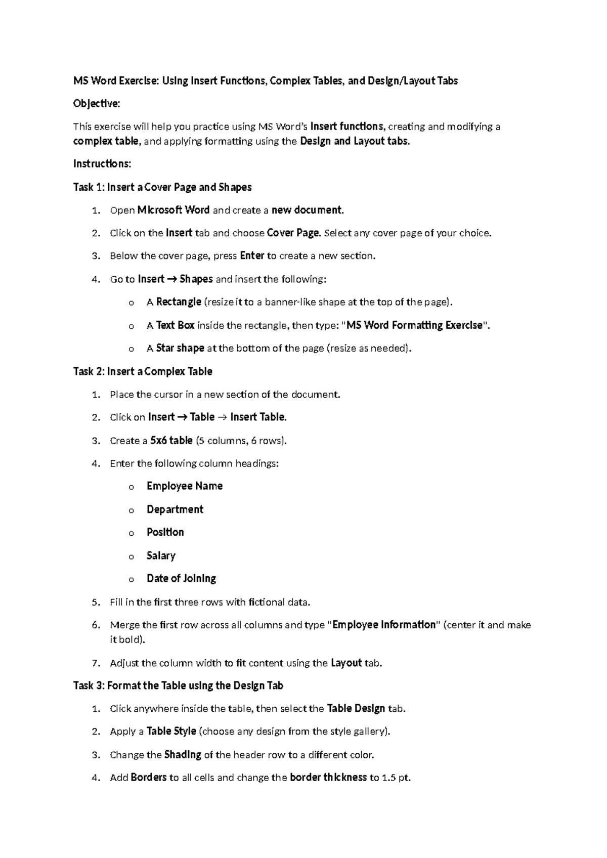 MS Word Exercise: Inserting Functions & Complex Table Formatting - Studocu