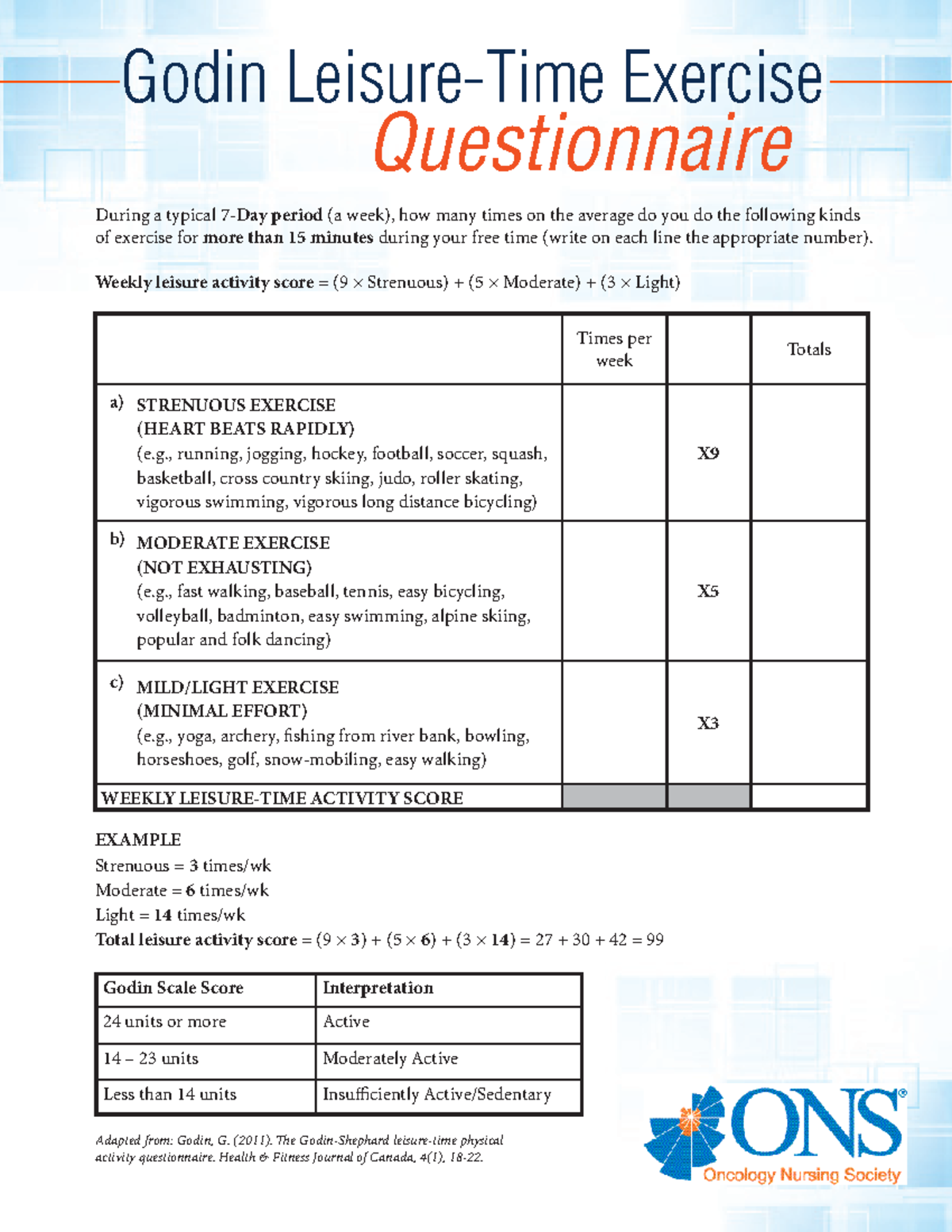 Godin Leisure-Time Exercise Questionnaire and Activity Scoring Guide ...