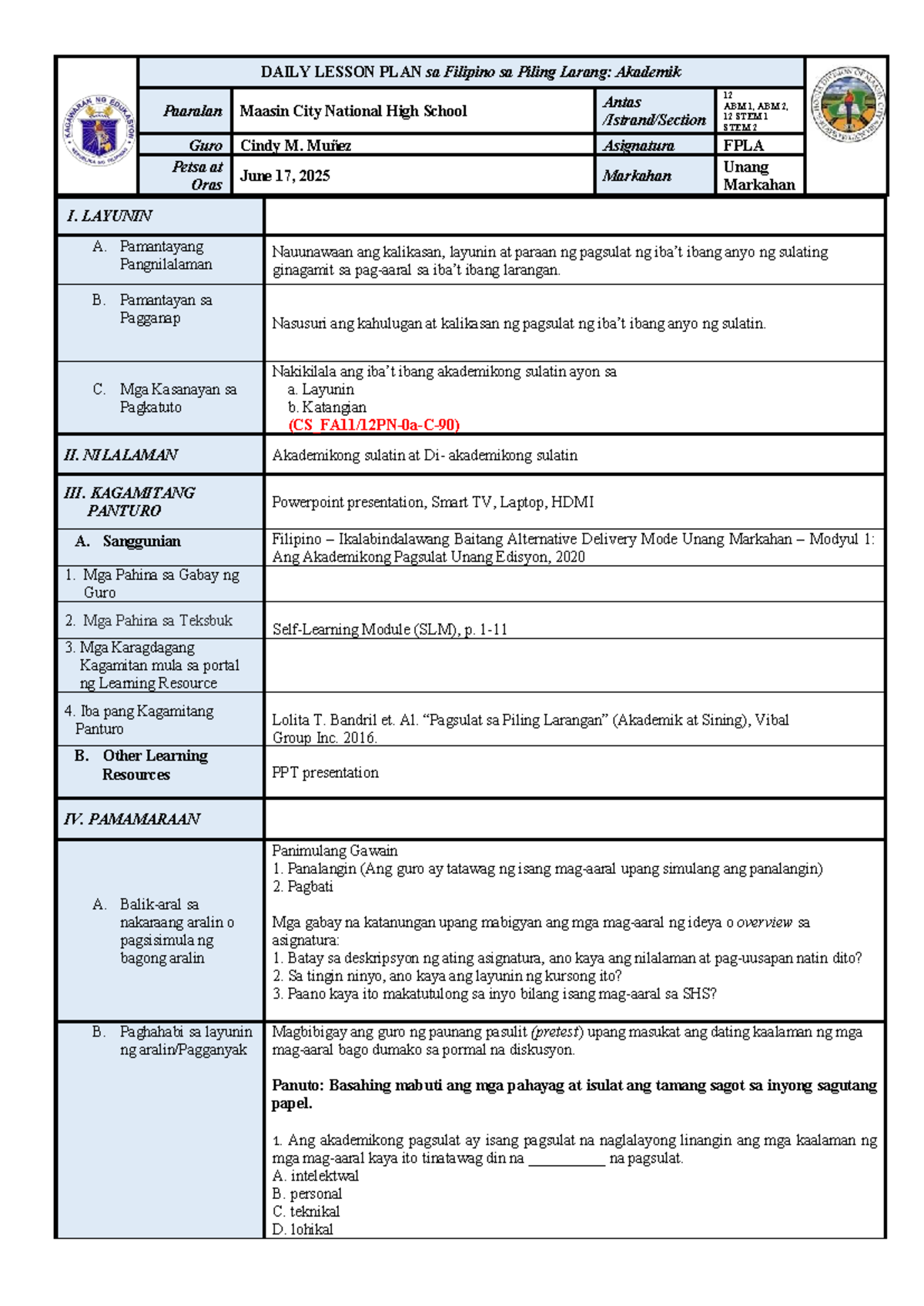 FPLA: Daily Lesson Plan sa Pagsulat ng Akademikong Sulatin - Studocu