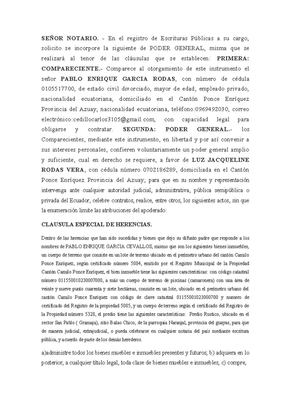 Minuta de Poder General - SEÑOR NOTARIO - Studocu