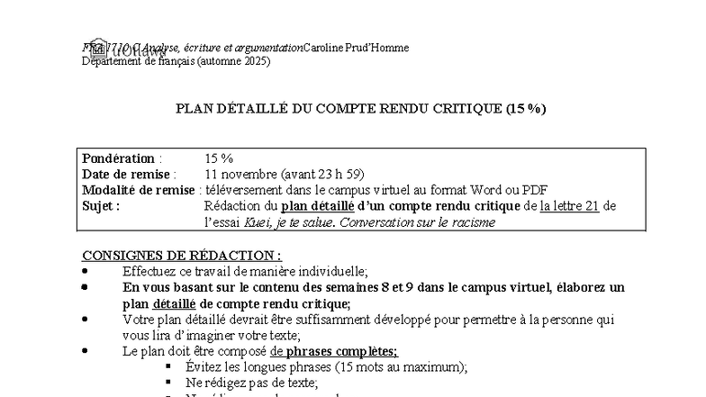 FRA 1710 C Plan Détail du Compte Rendu Critique - Automne 2025 - Studocu
