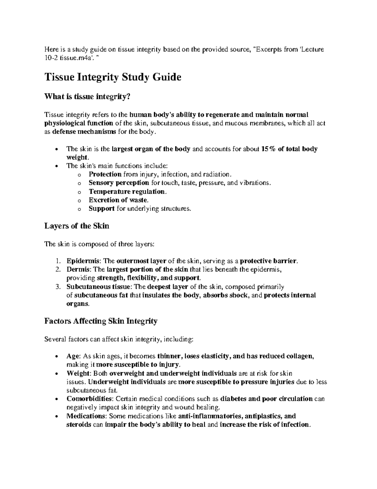 Tissue Integrity & Wound Care Study Guide for Nursing 101 - Studocu