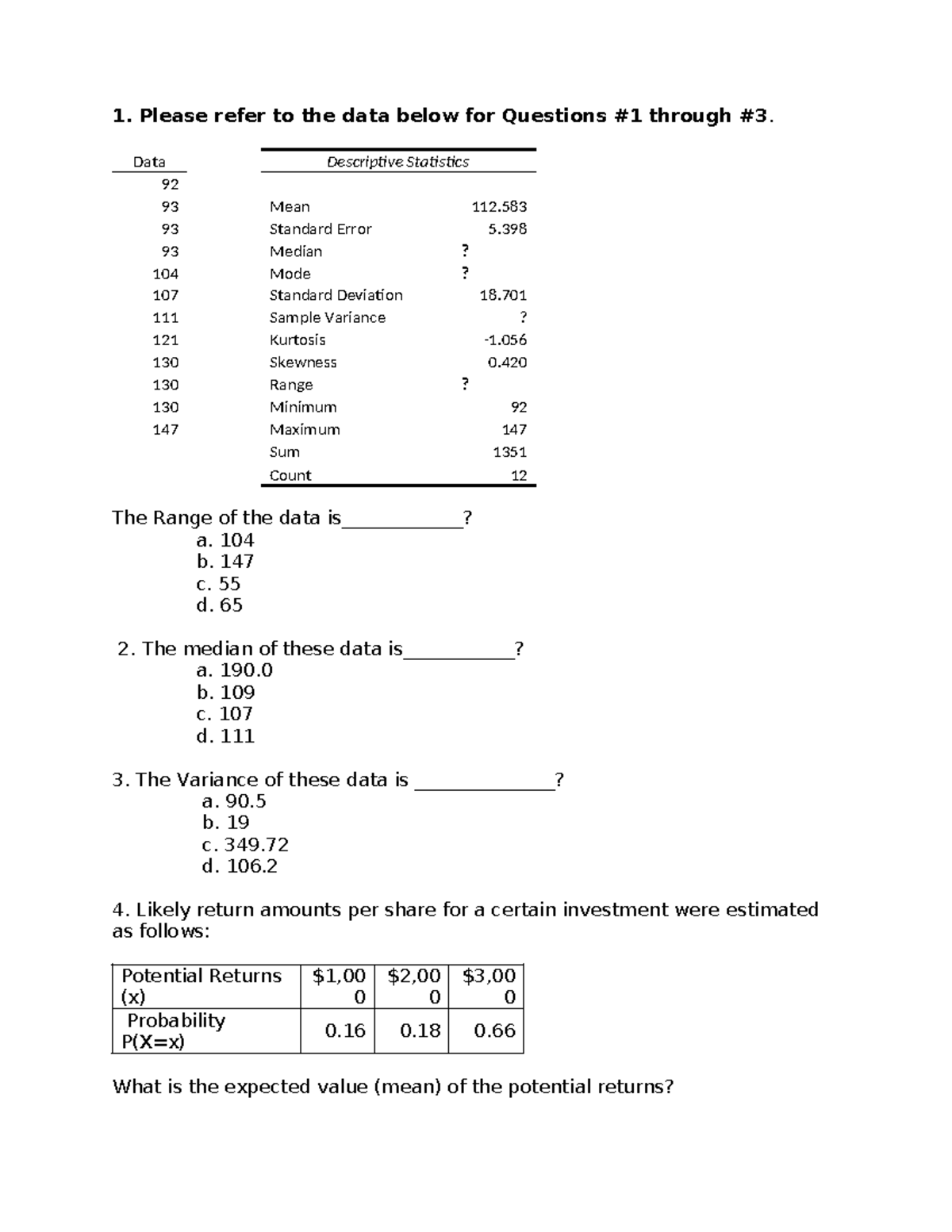 Final Exam Practice 1 - Statistics & Probability (Fall 18) - Studocu
