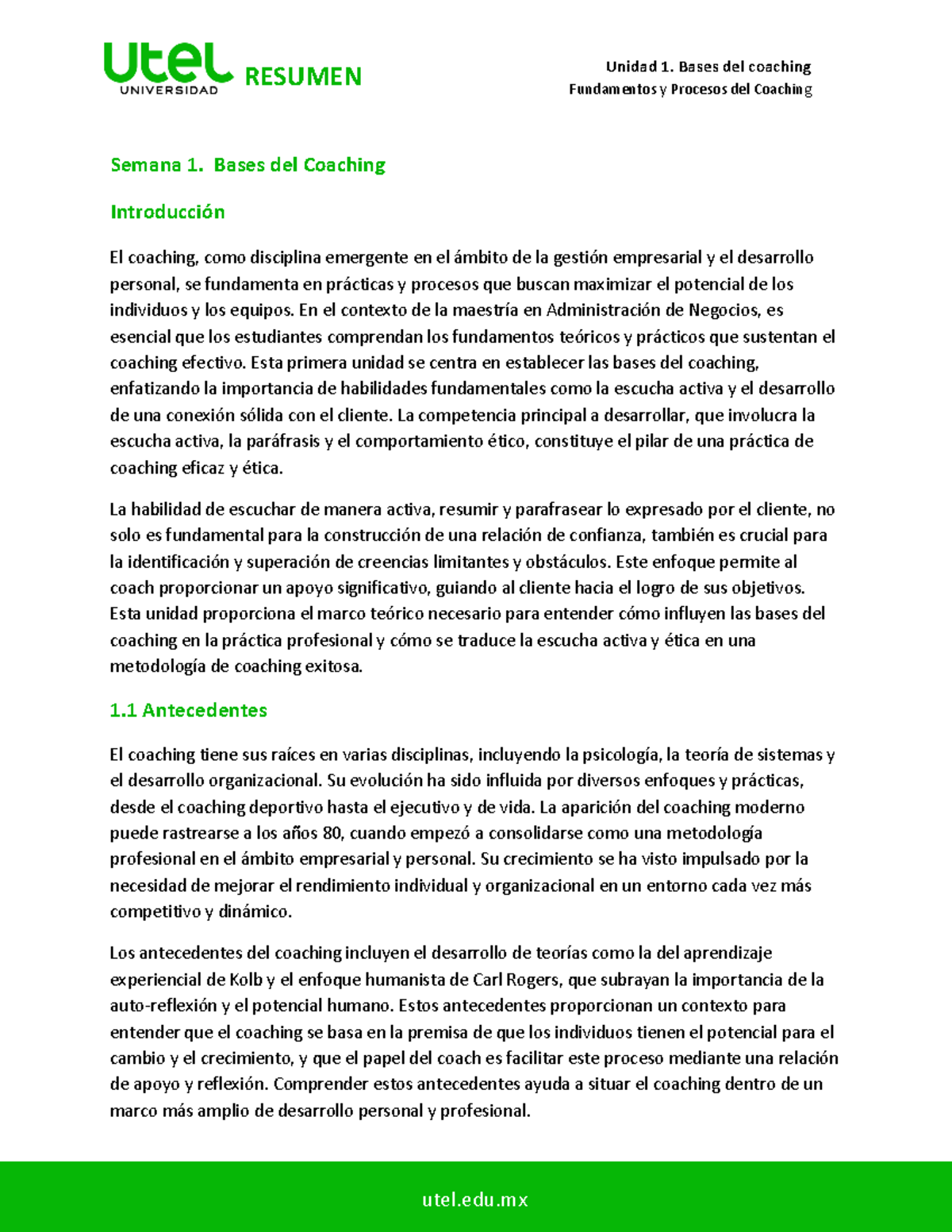 M1AN110 Resumen Unidad 1: Fundamentos del Coaching y Procesos - Studocu