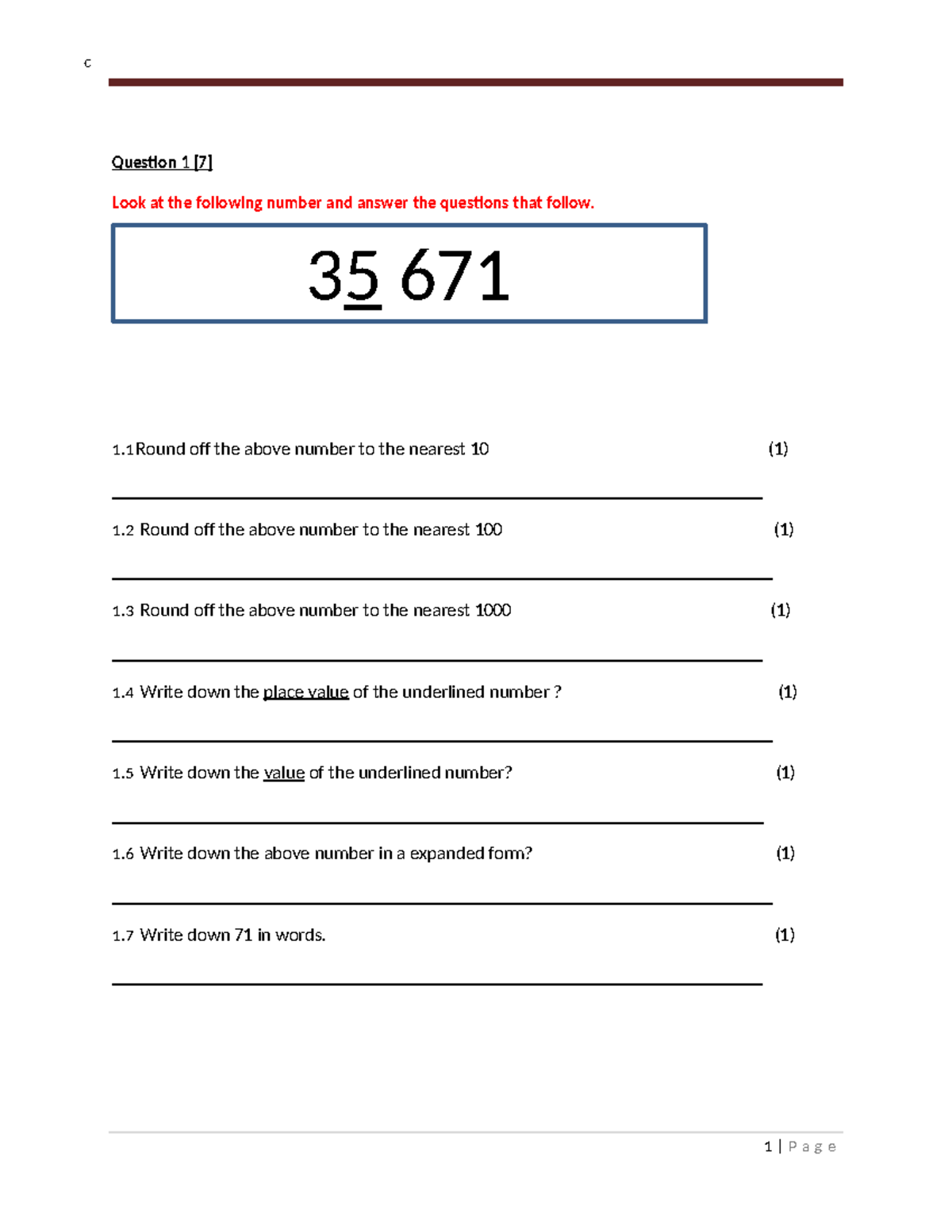 Grade 5 Math Worksheet: Rounding, Column Method & Number Sentences ...