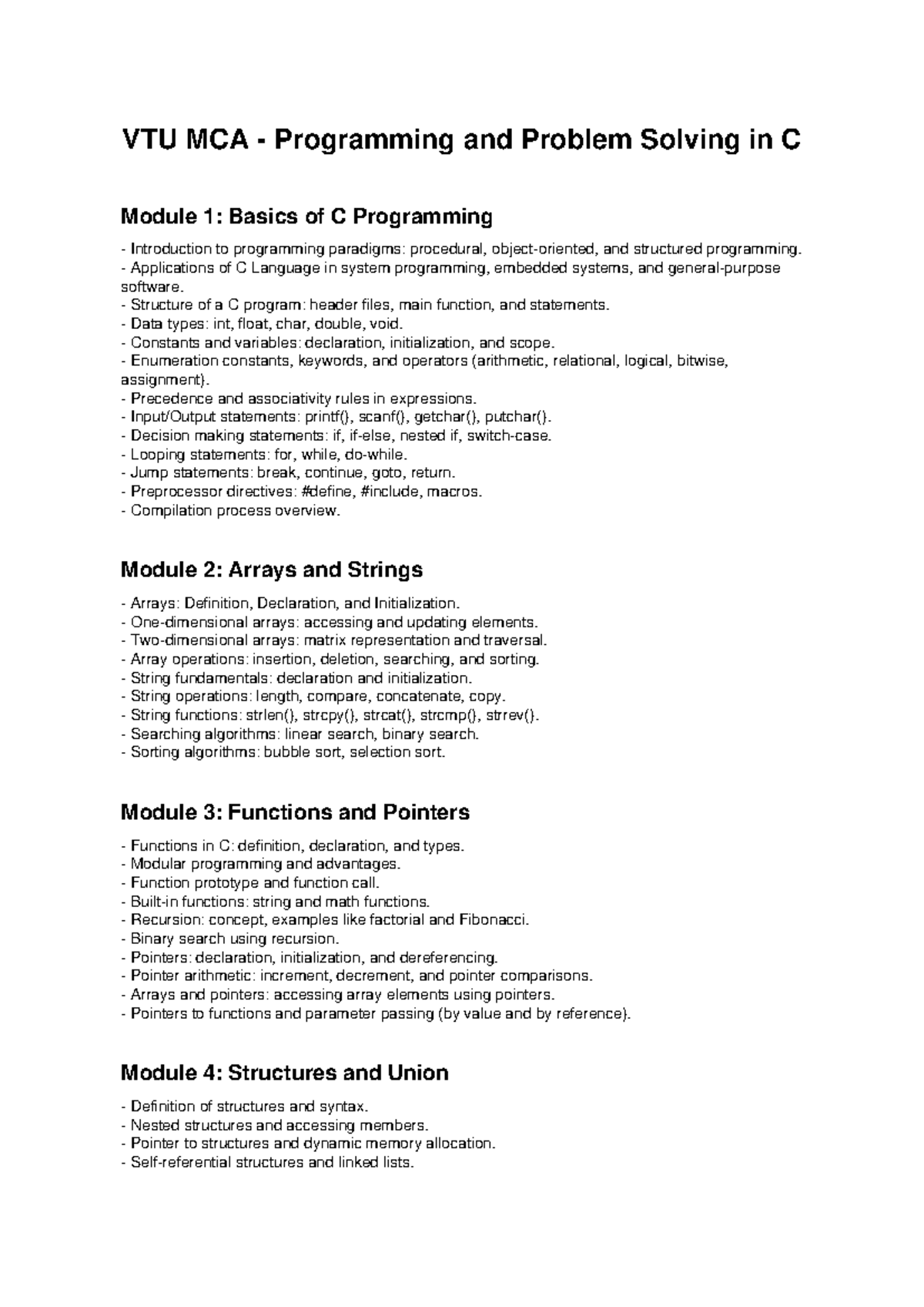 VTU MCA Programming and Problem Solving in C Notes v2 - Studocu