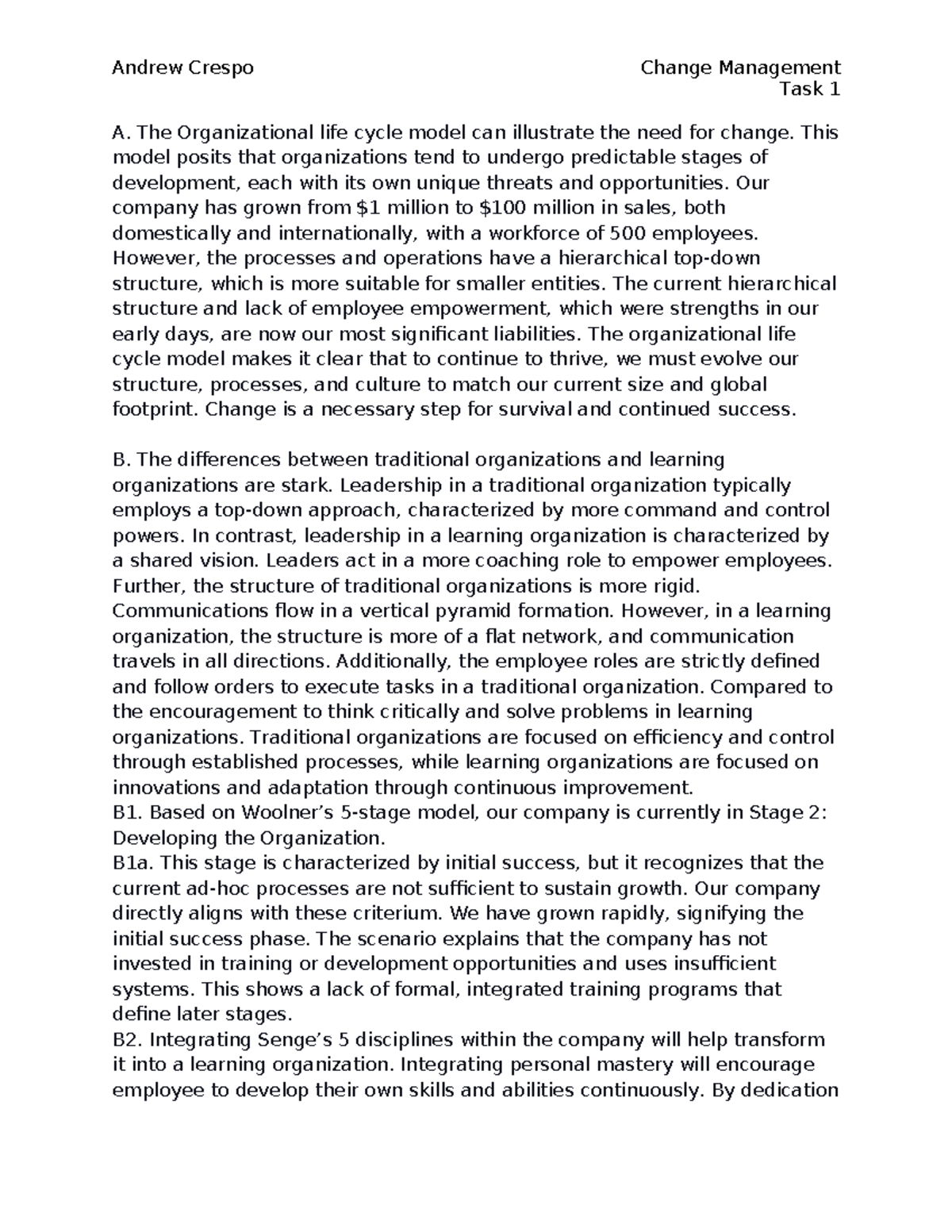 Change Management Task 1: Transforming to a Learning Organization - Studocu