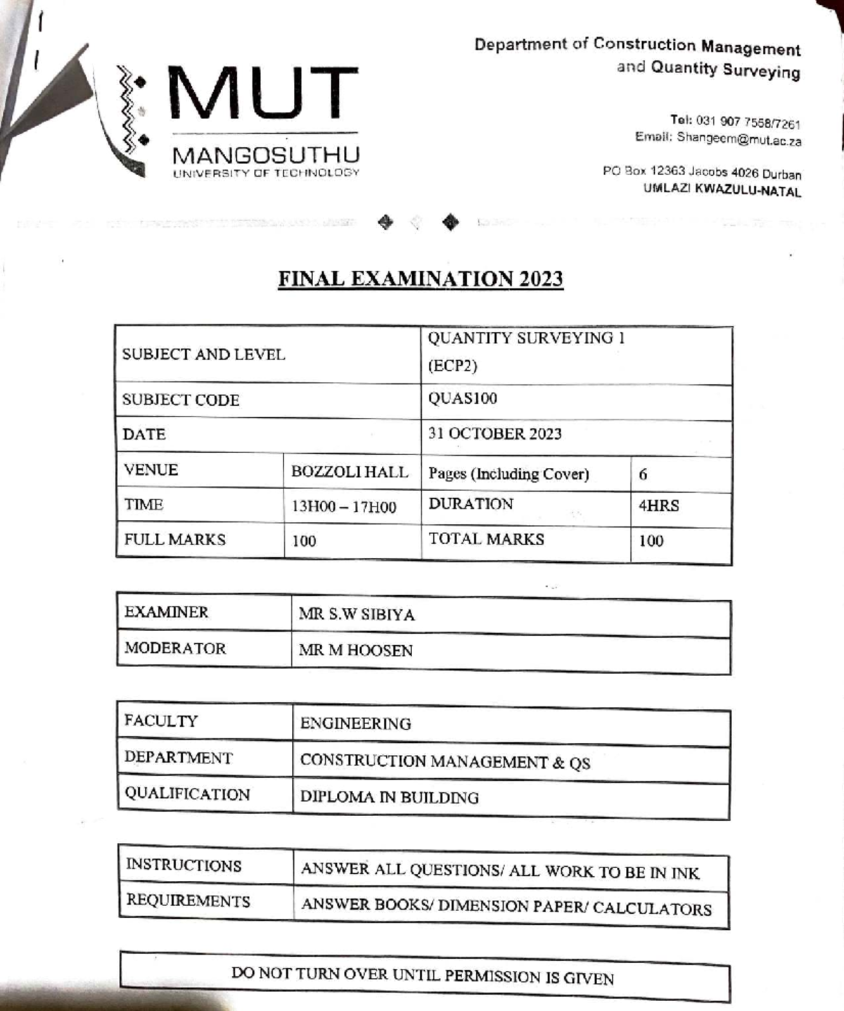 QUAS100 Final Exam 2023: Quantity Surveying 1 Past Paper - Studocu