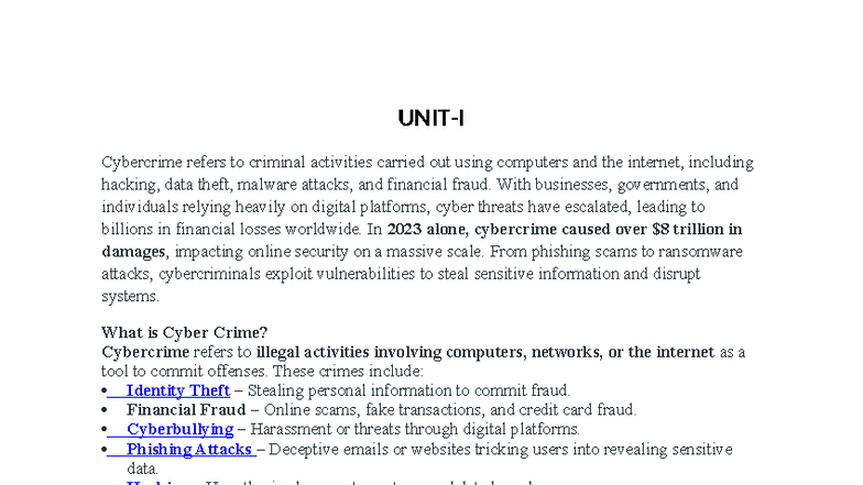 CS UNIT-1 - Understanding Cybercrime: Types, Impact, and Prevention - Studocu