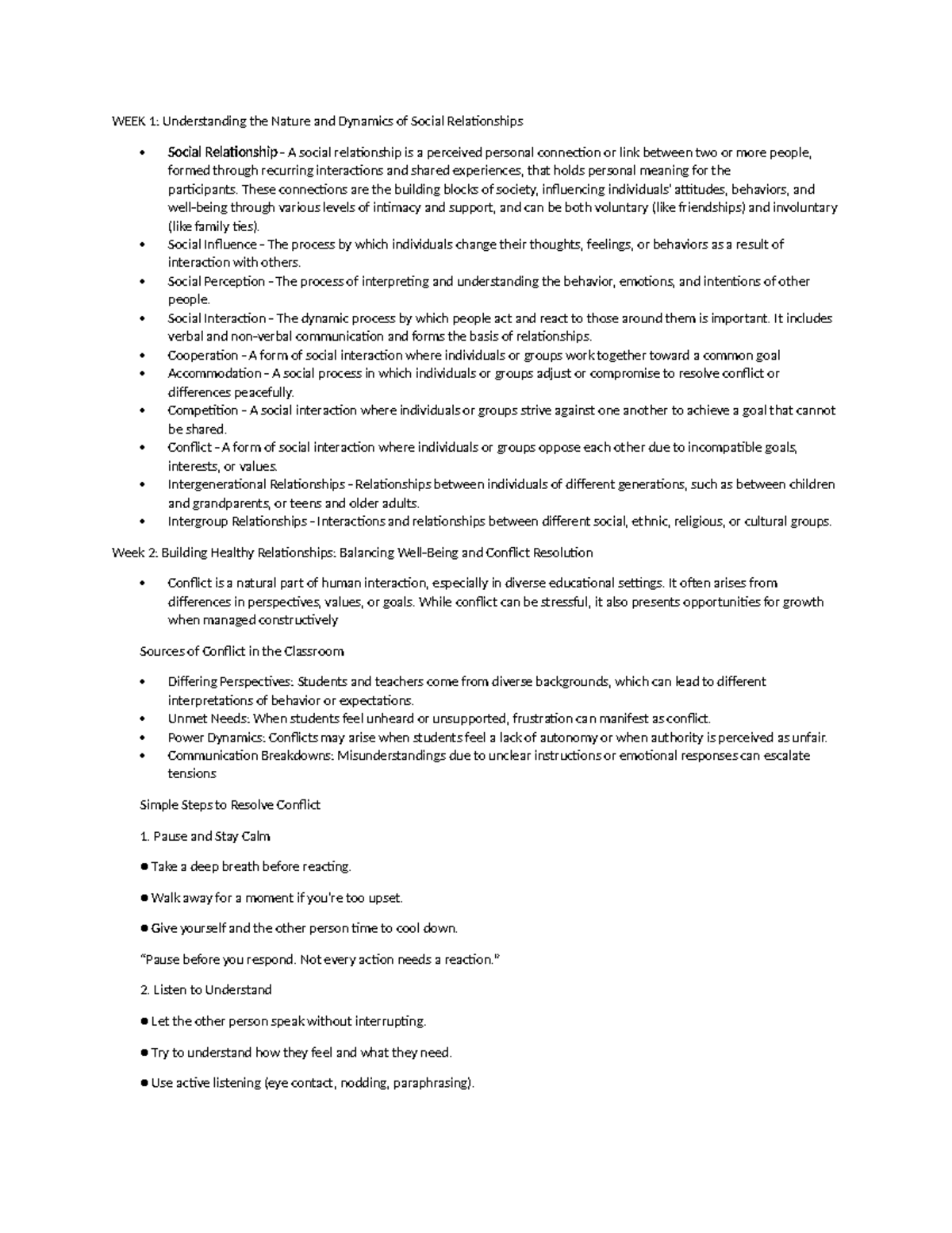WEEK 1-5: Understanding Social Relationships & Conflict Resolution ...