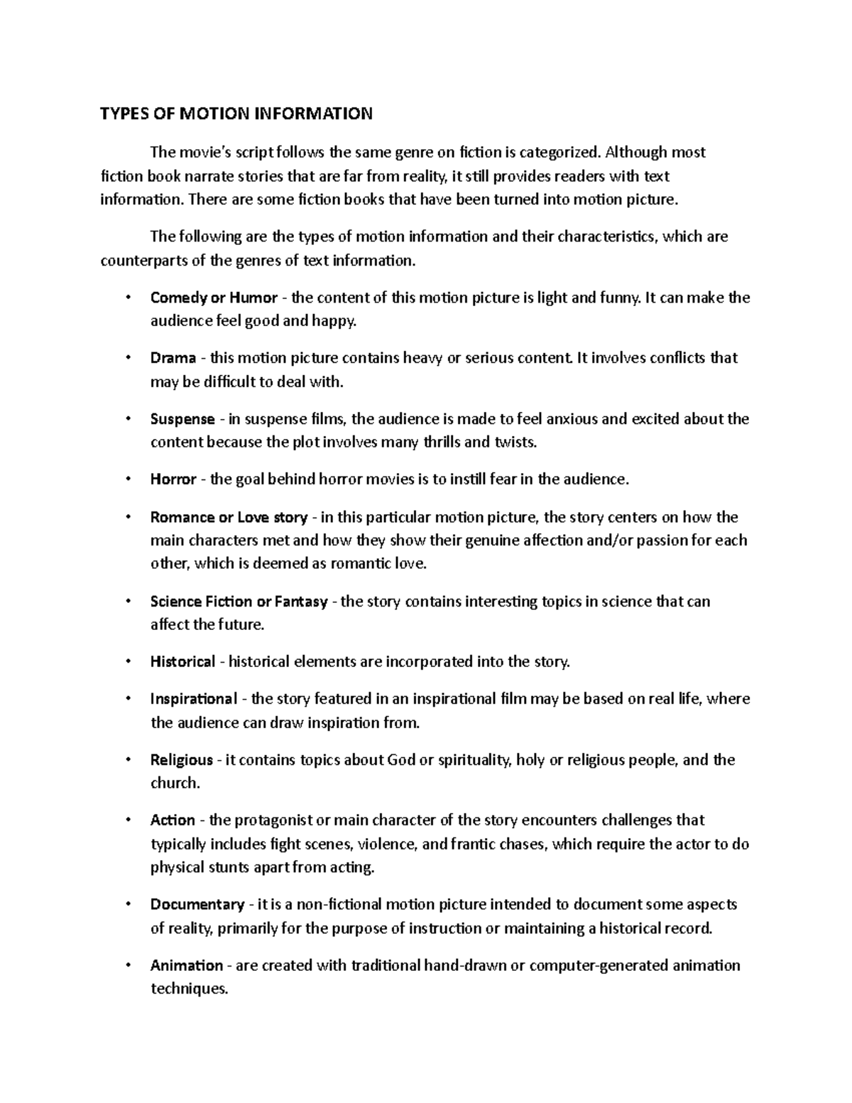 Types of Motion Information - TYPES OF MOTION INFORMATION The movie's ...