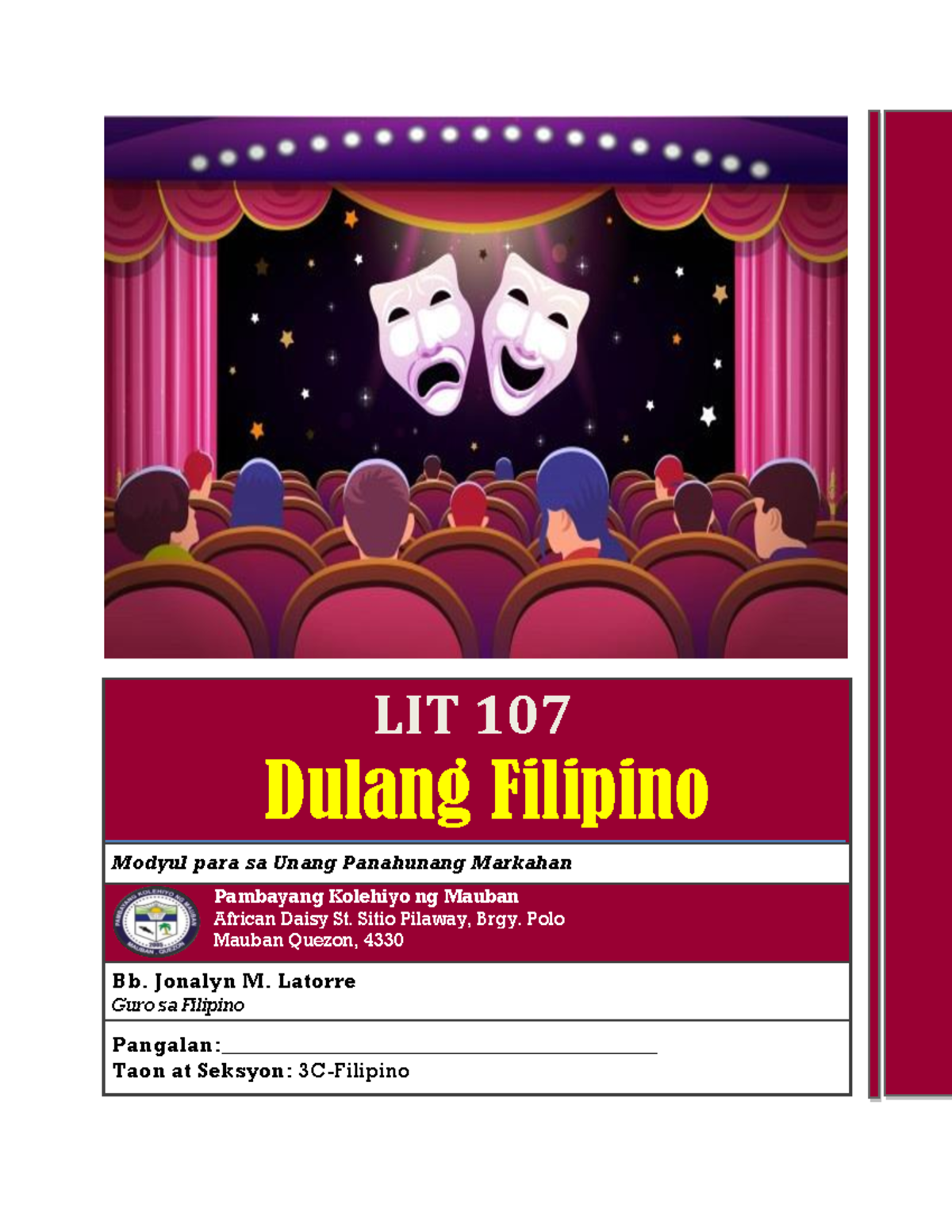 Dulang Filipino Modyul LIT 107 Prelim 3C: Aralin at Pagsasanay - Studocu