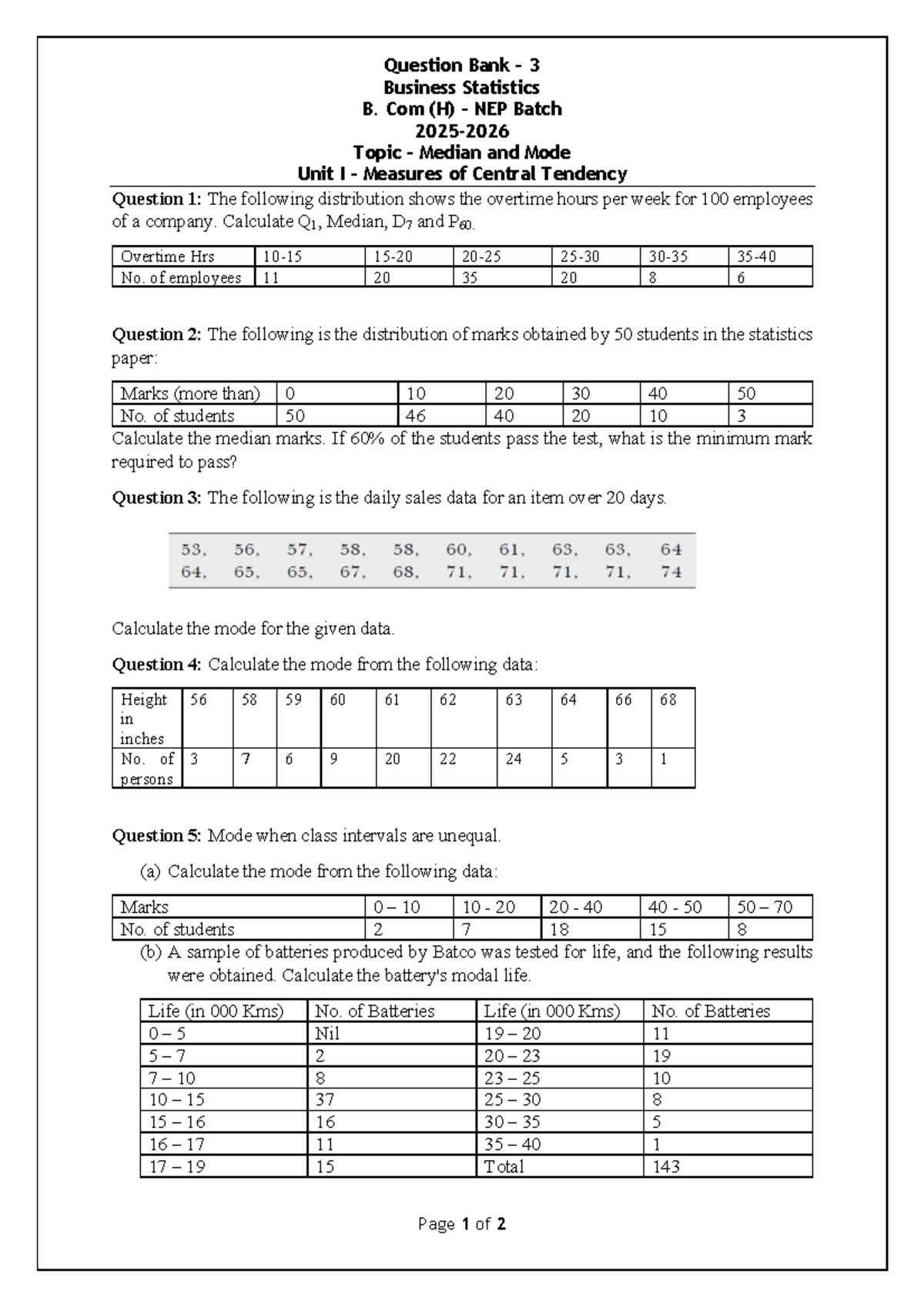 Question Bank 3: Business Statistics - Median & Mode (Unit I) - Studocu