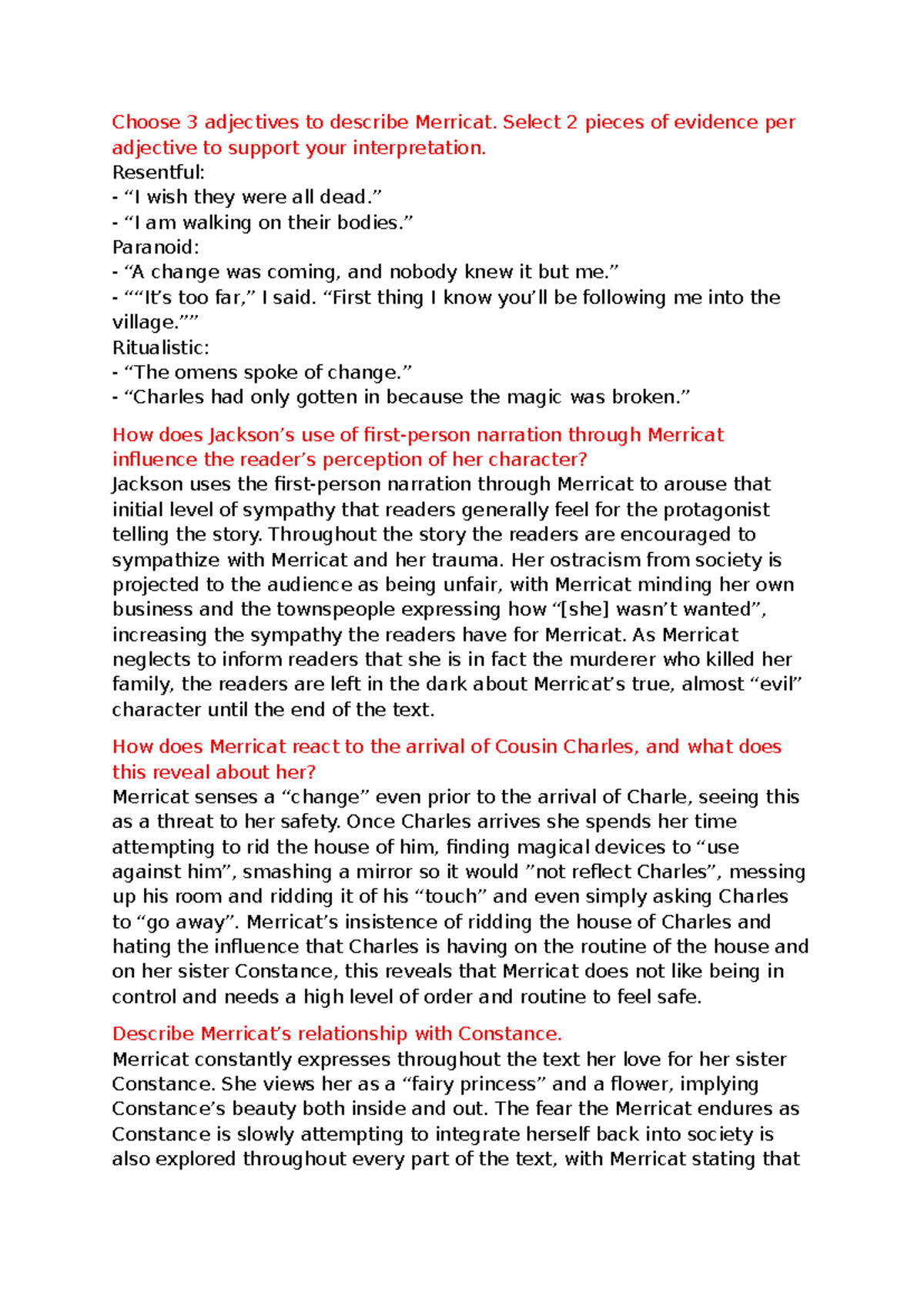 Merricat Character Analysis: Adjectives, Evidence & Narration Insights ...