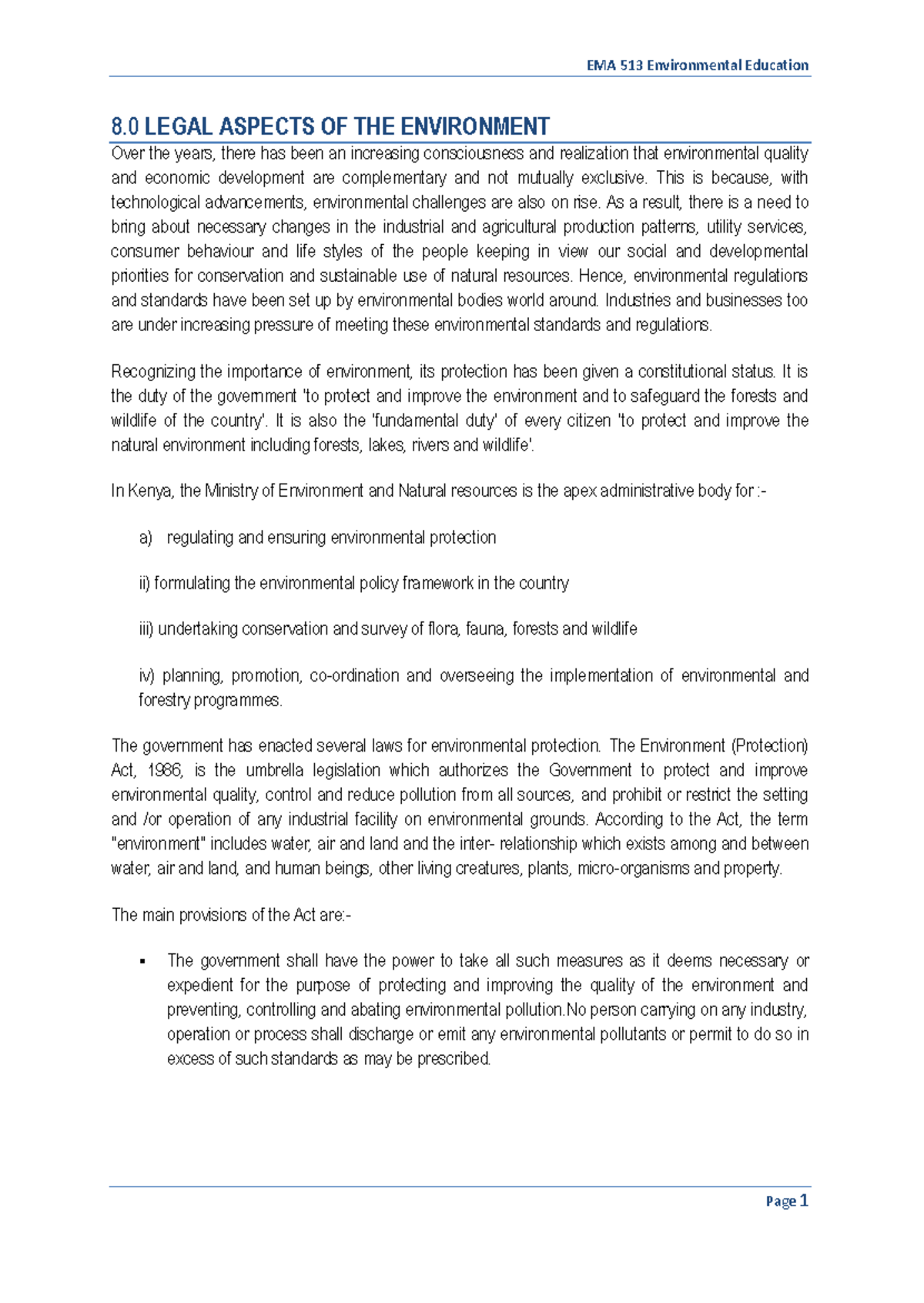 EMA 513 Environmental Education: Legal Aspects & Regulations - Studocu