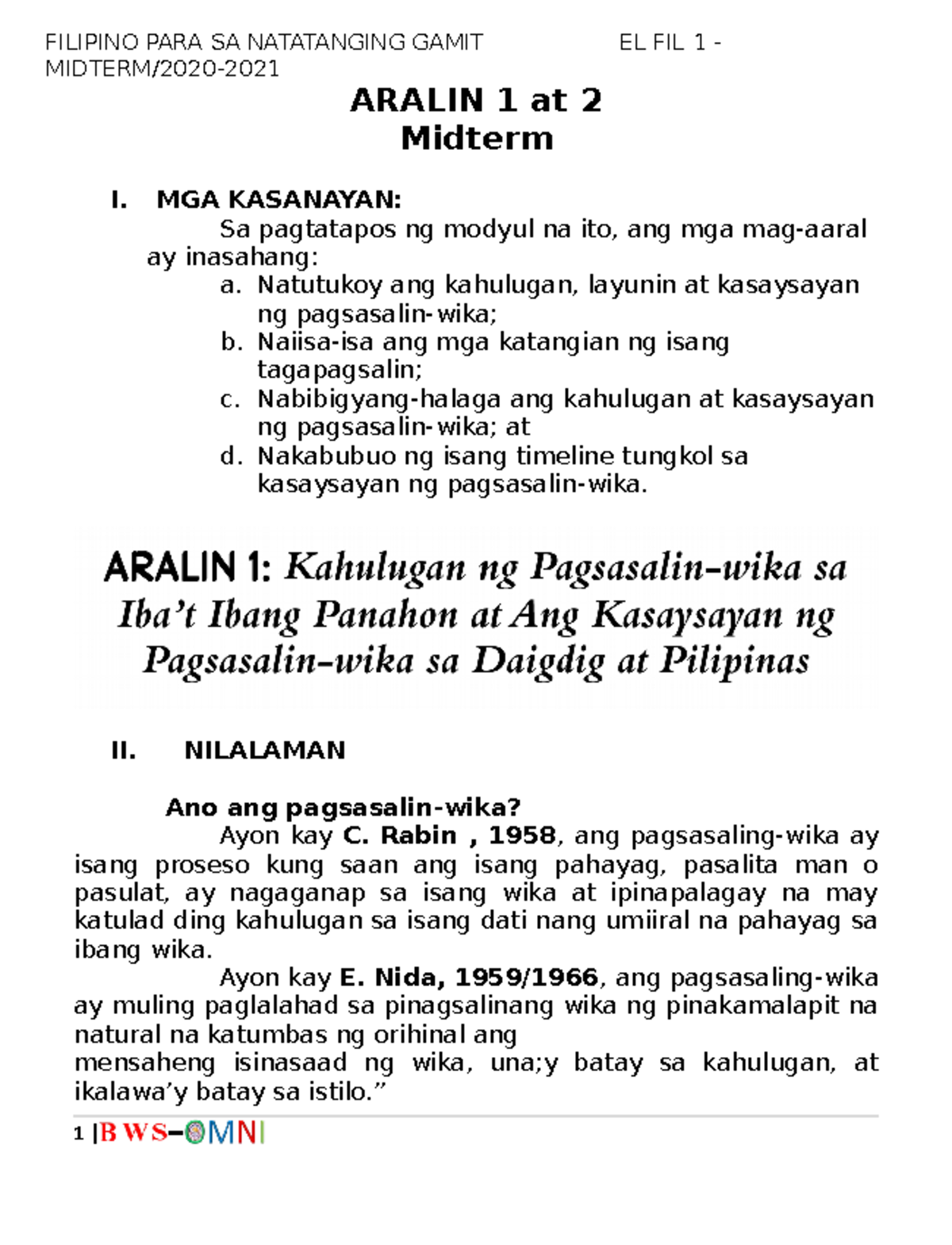 College Aralin 1 (finals) EL FIL 1 NATATANGING GAMIT - MIDTERM/2020 ...