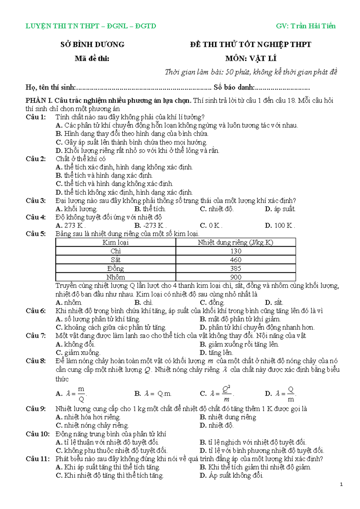 ĐỀ THI THỬ TỐT NGHIỆP THPT MÔN VẬT LÍ - LUYỆN THI TN THPT ĐGNL - Studocu