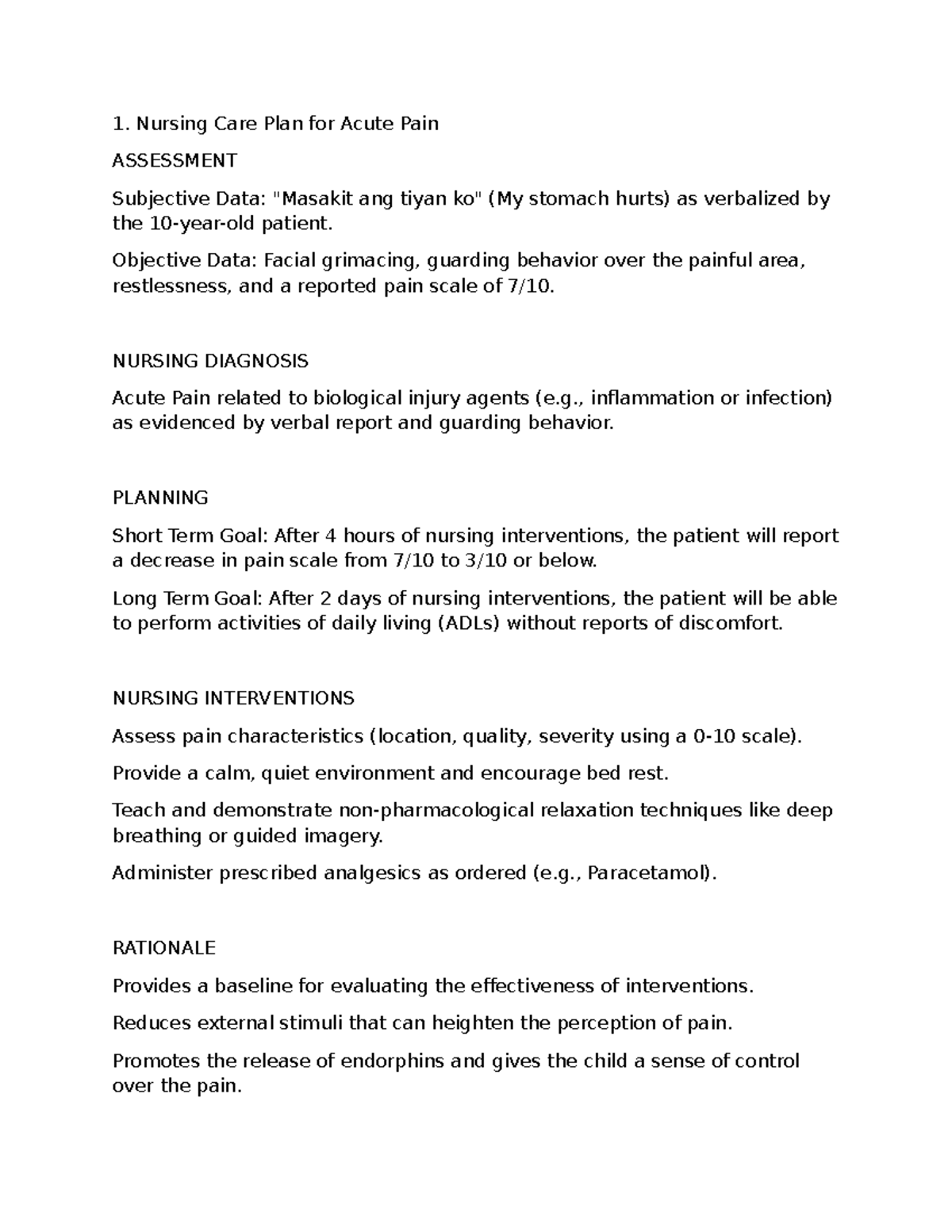 NCP Case Study: Nursing Care Plans for Acute Pain & Infection Risk ...