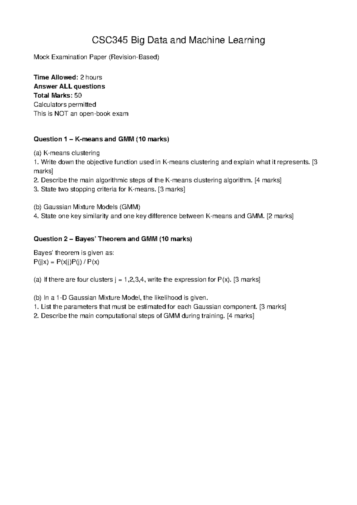 CSC345 Big Data & ML Mock Exam Paper - 2 Hours - Studocu