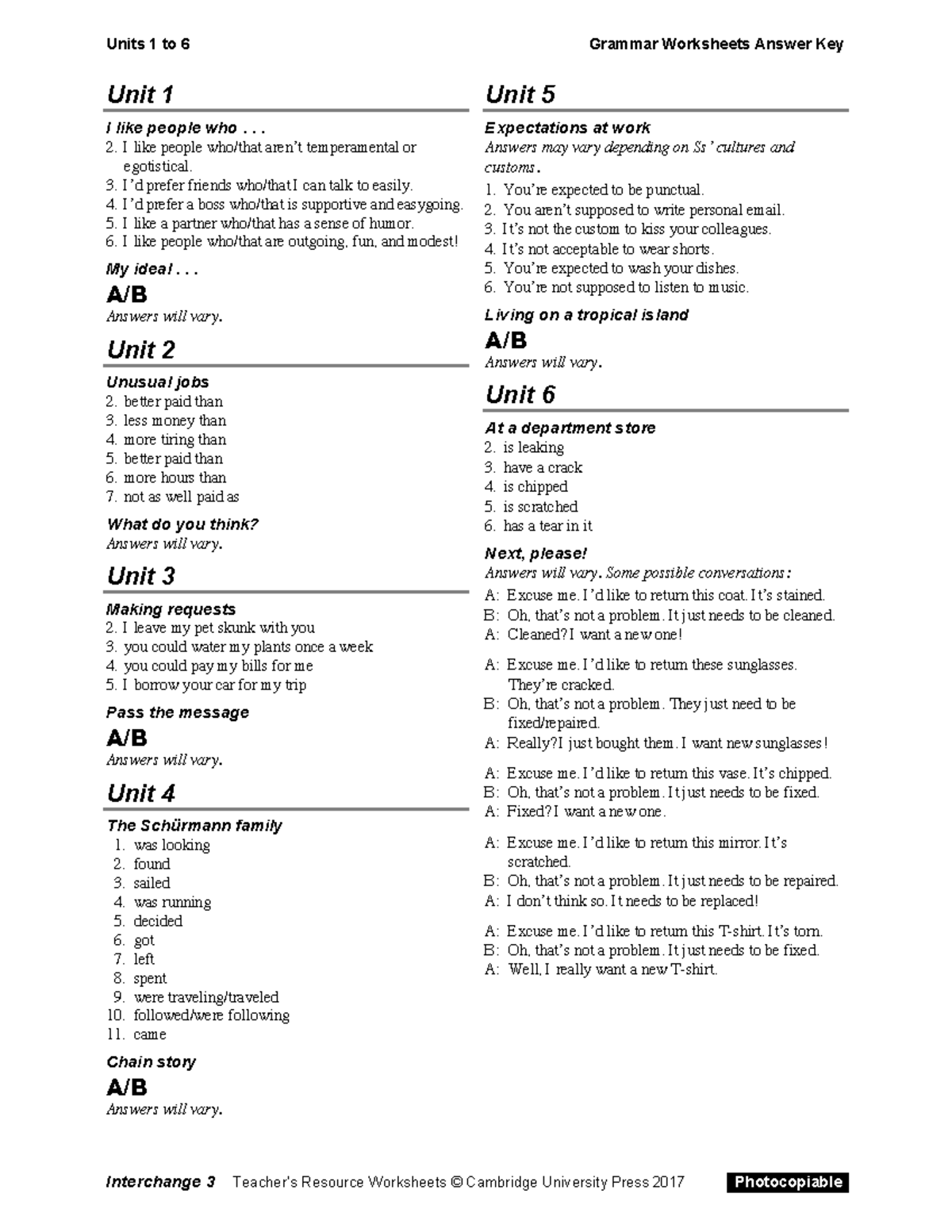 Interchange 3 Grammar Worksheets Units 1-12 Answer Key - Studocu