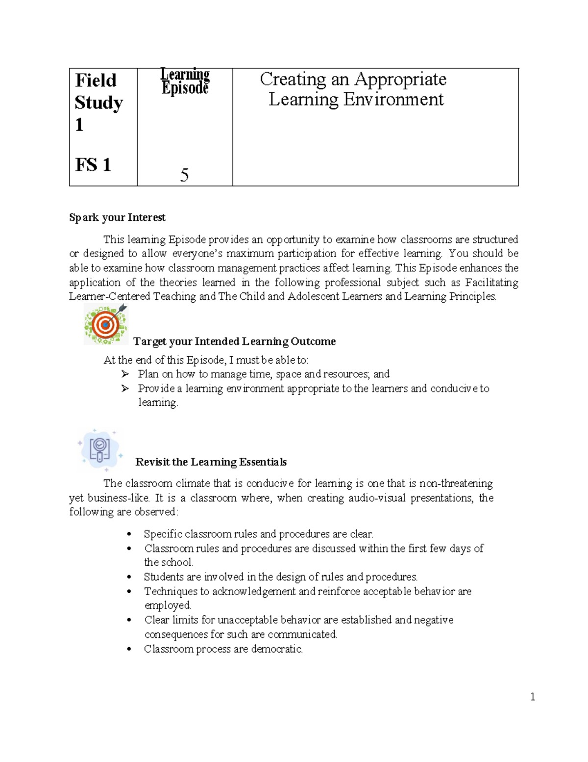 FS 1 - Episode 5: Creating an Effective Learning Environment - Studocu