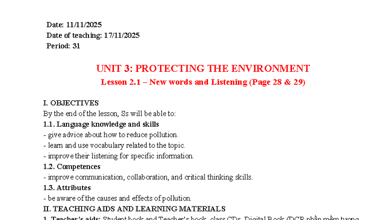 Unit 3 - Lesson 2.1: Vocabulary & Listening on Pollution (Pages 28-29 ...