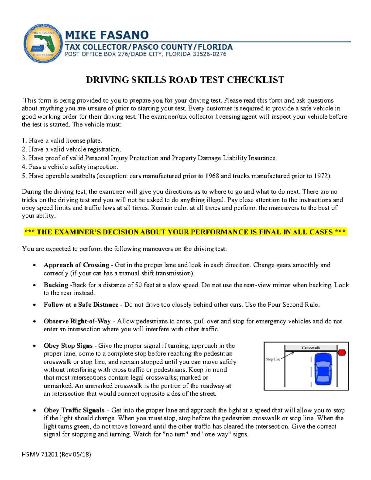 HSMV 71201: Driving Skills Road Test Preparation Checklist - Studocu