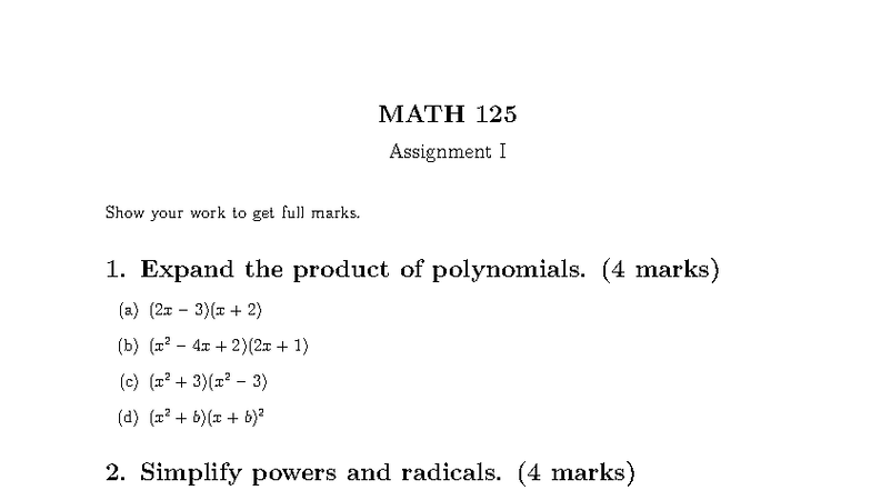 MATH 125 Assignment 01 Practice Test: Polynomials & Factoring - Studocu