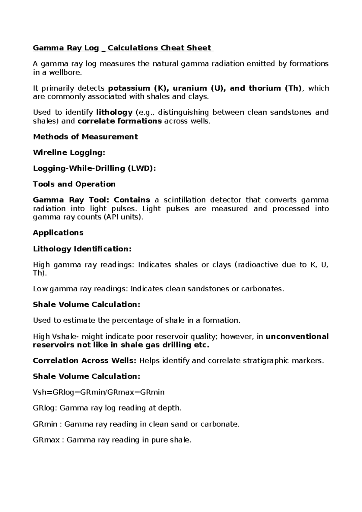 Gamma Ray Log Analysis (Cheat Sheet) for Wellbore Formations - Studocu